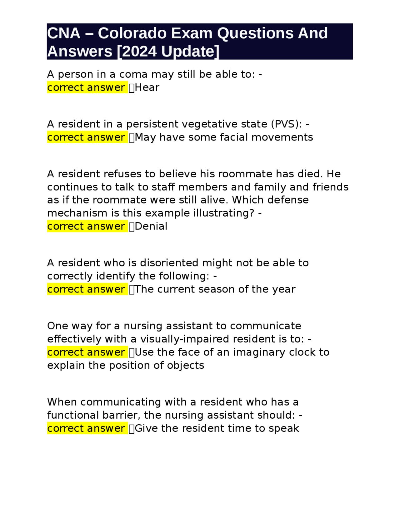 Nursing Assistant Exam Questions and Answers [2024 Update] | Exams ...