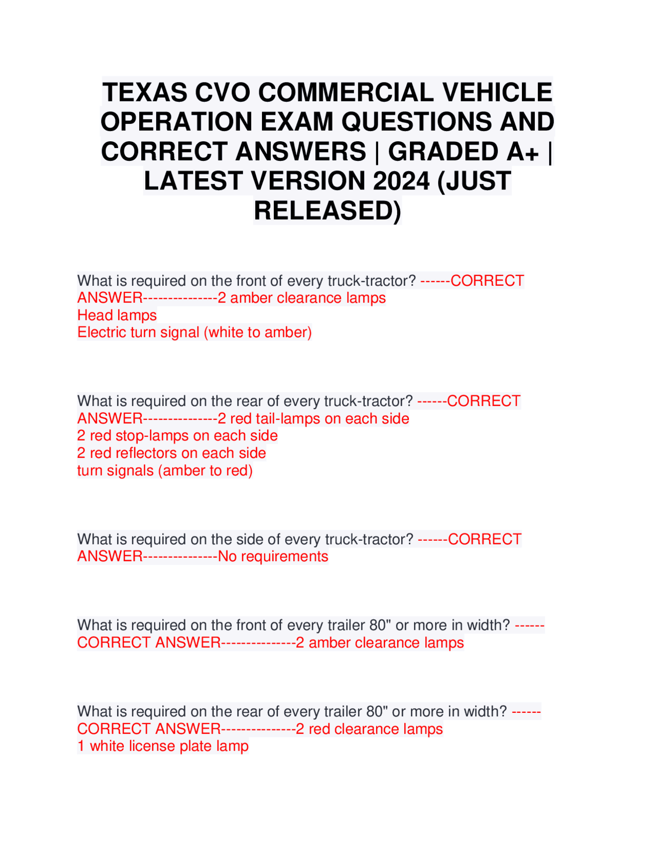 TEXAS CVO COMMERCIAL VEHICLE OPERATION EXAM QUESTIONS AND CORRECT ...