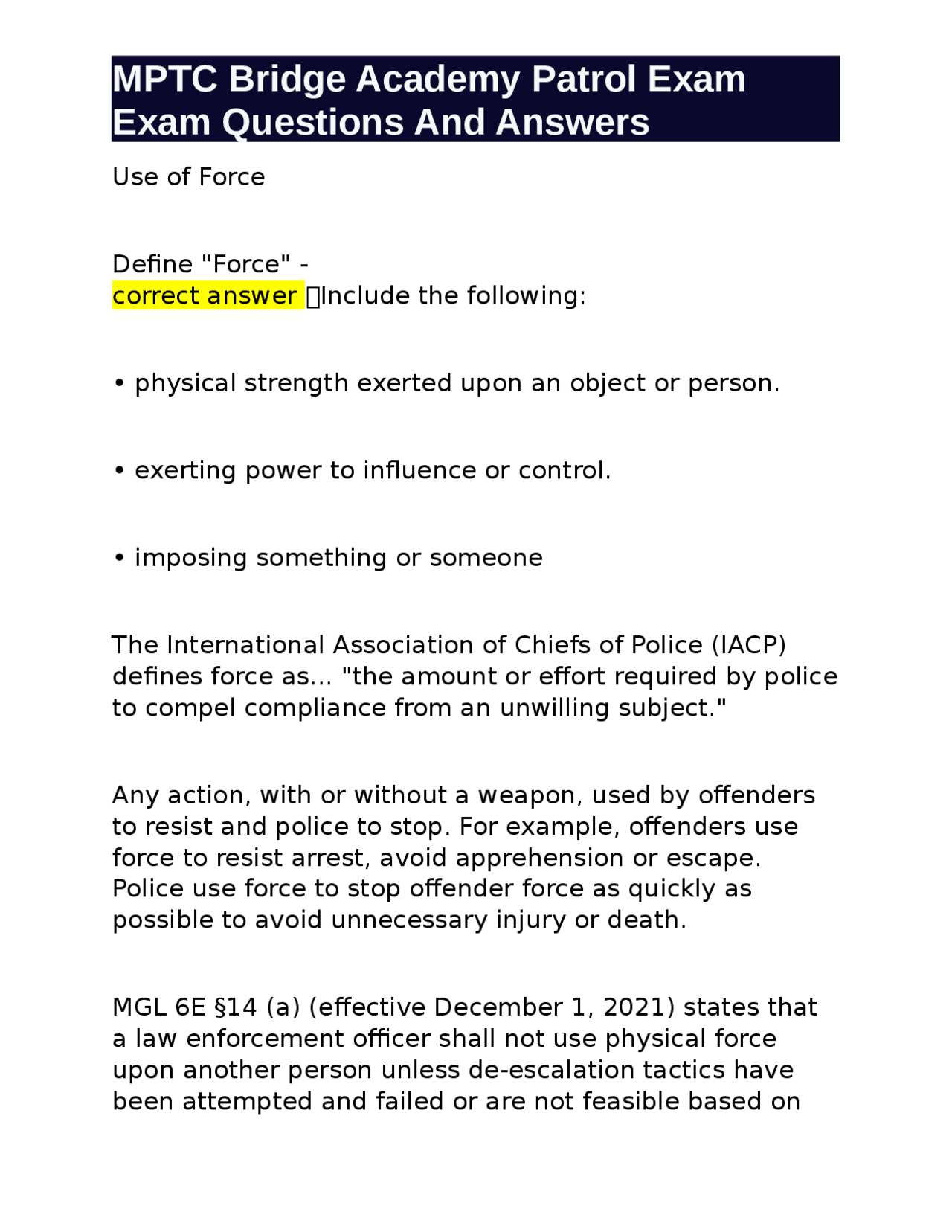 MPTC Bridge Academy Patrol Exam Exam Questions And Answers | Exams Law ...