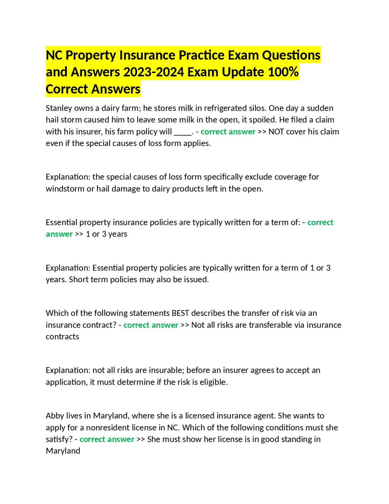 NC Property Insurance Practice Exam Questions and Answers for 2023-2024 ...