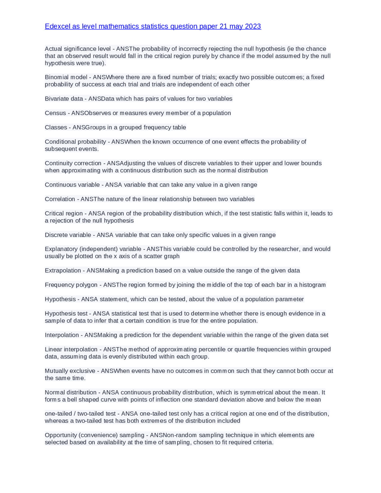 Edexcel as level mathematics statistics question paper 21 may 2023 | Exams Mathematics | Docsity