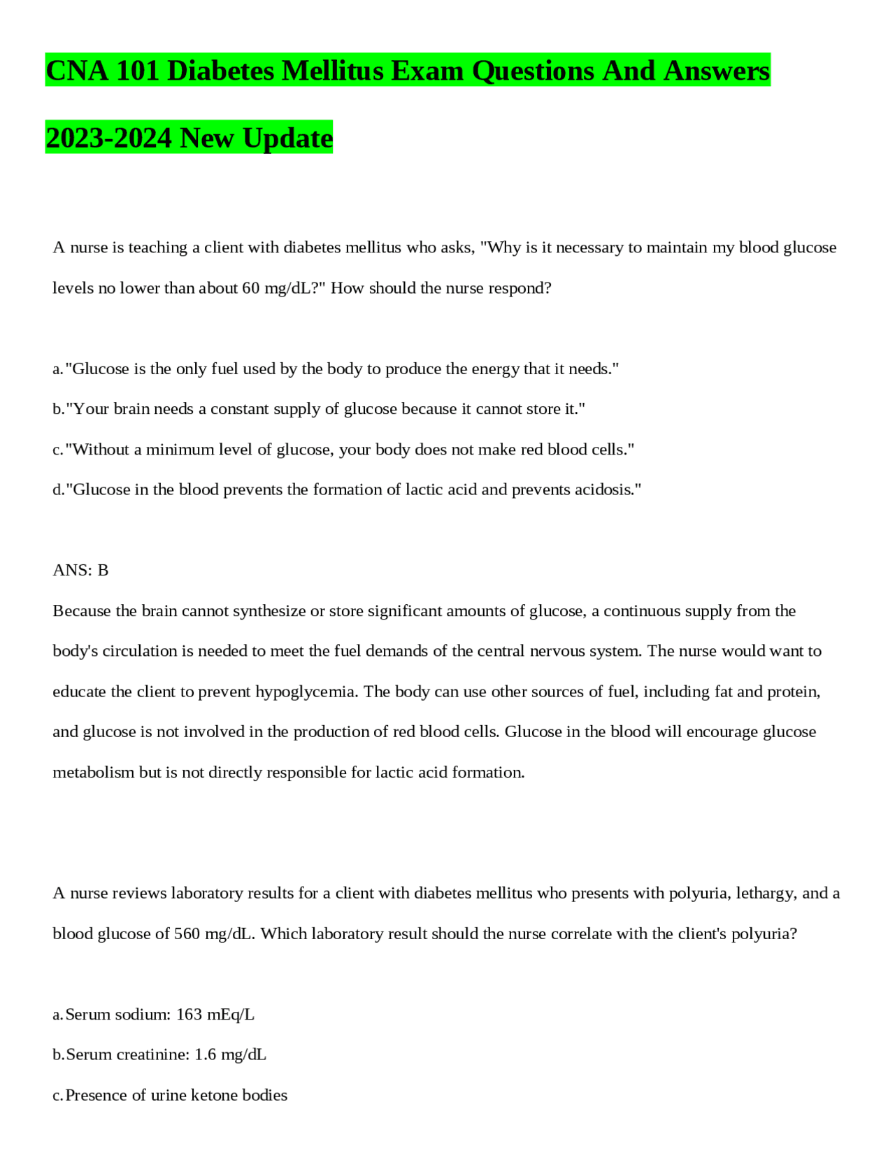 CNA 101 Diabetes Mellitus Exam Questions And Answers 2023-2024 New ...
