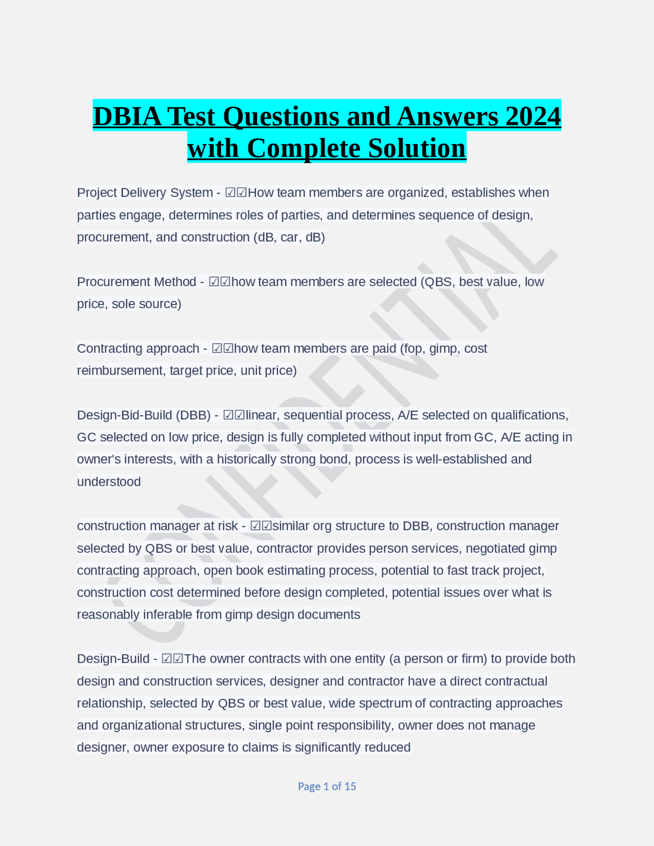 DBIA Test Questions and Answers 2024 with Complete Solution | Exams ...
