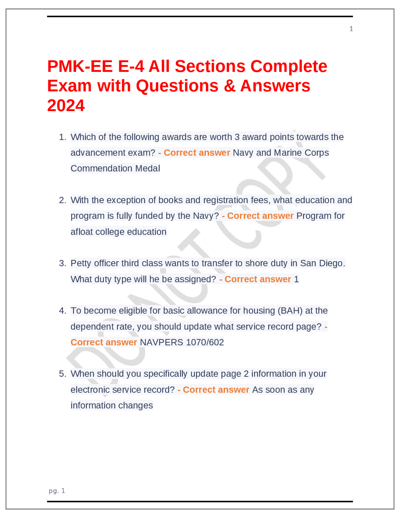 PMK-EE E-4 All Sections Complete Exam with Questions & Answers 2024 ...