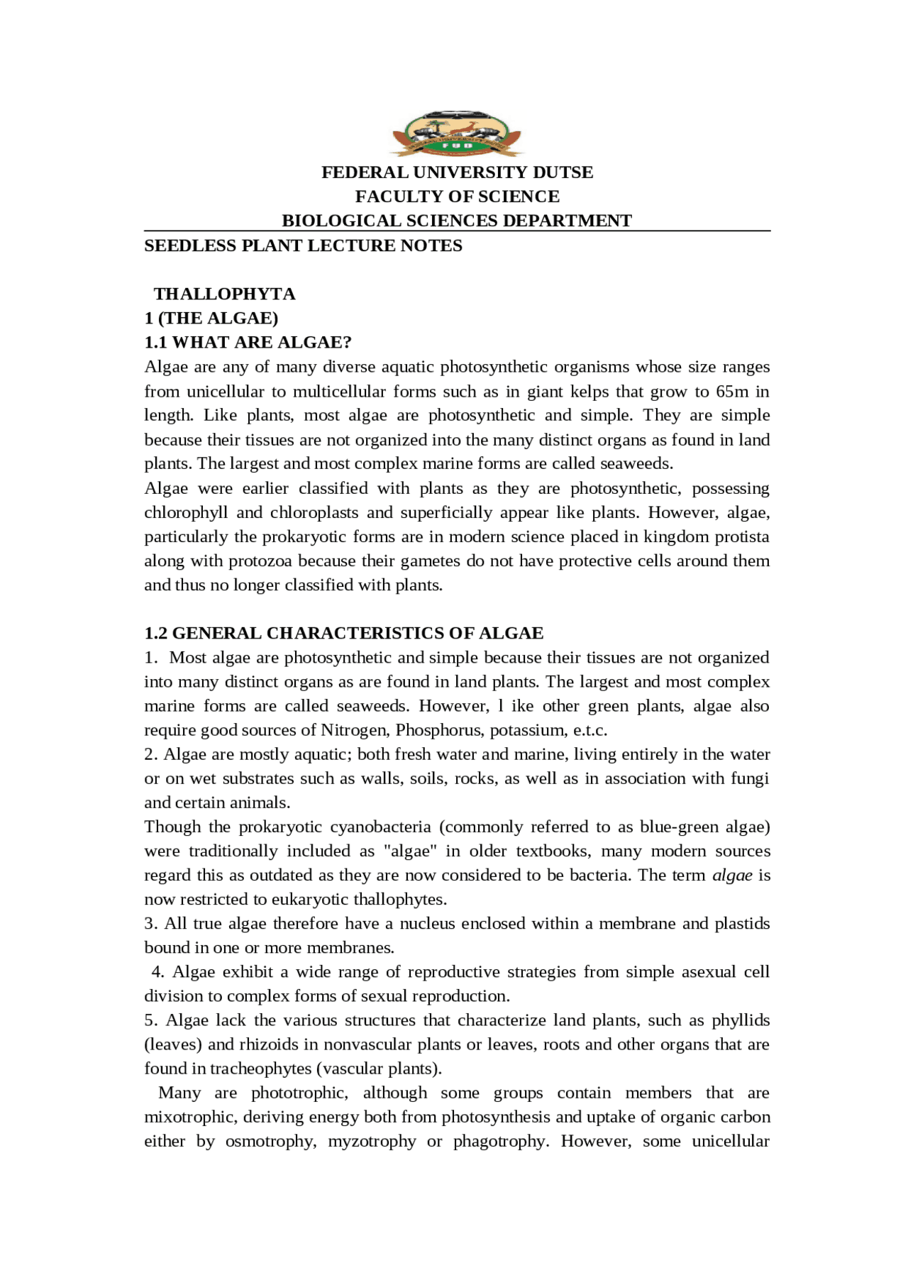 Characteristics and Classification of Algae | Lecture notes Botany and ...