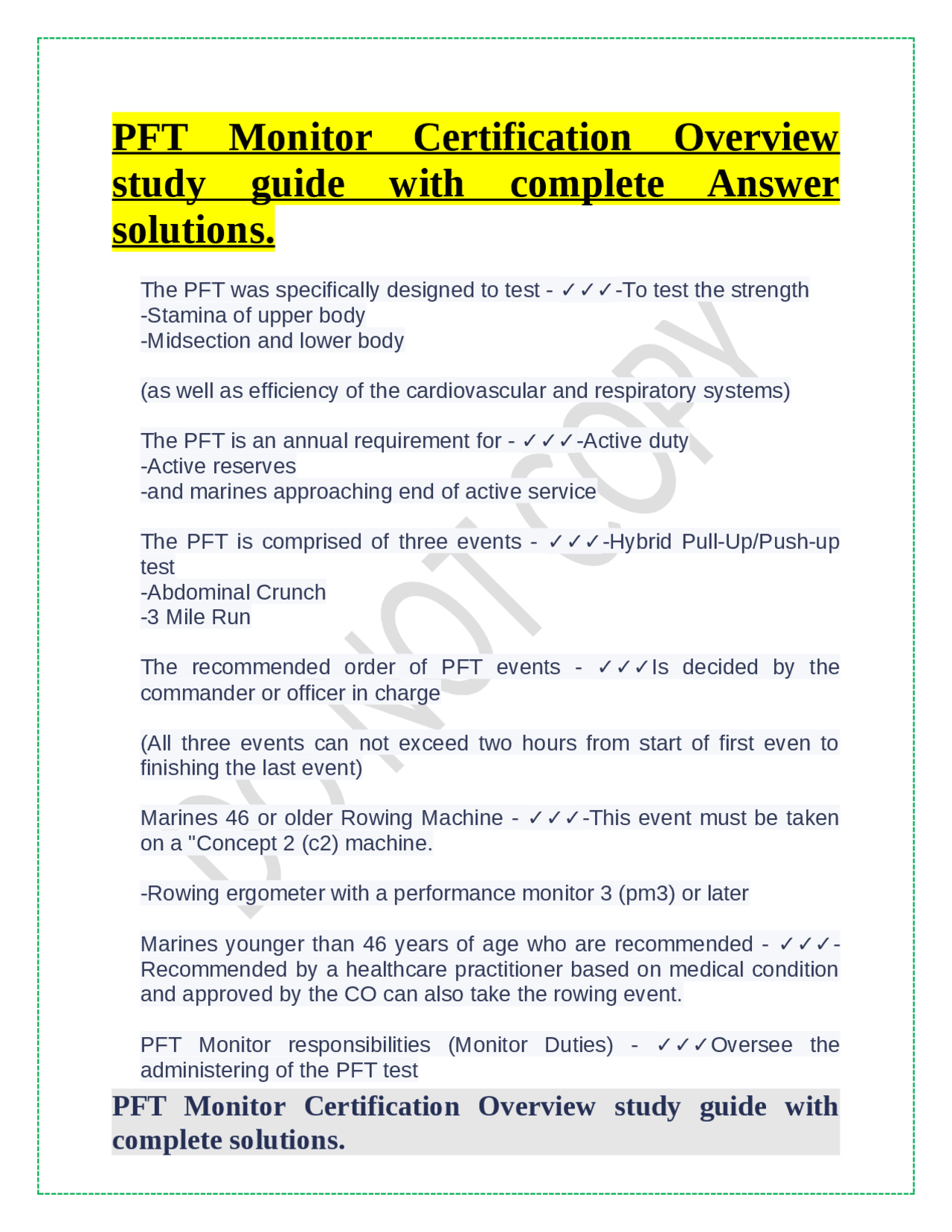 PFT Monitor Certification Overview study guide with complete Answer solutions. | Exams ...
