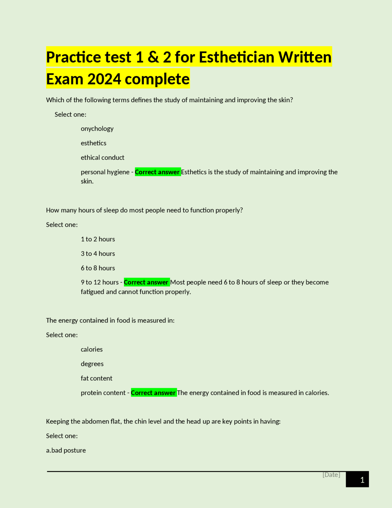 Practice test 1 & 2 for Esthetician Written Exam 2024 complete | Exams ...