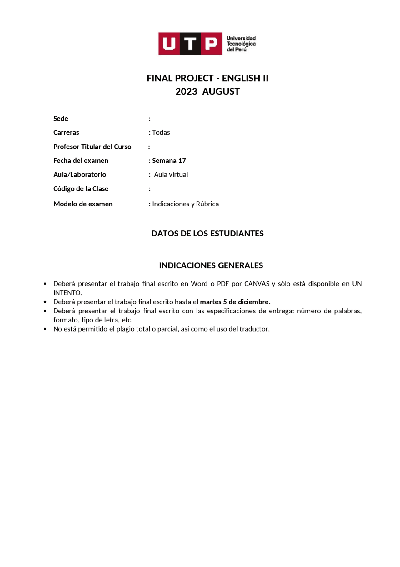 proyecto final de ingles II | Ejercicios de Idioma Inglés | Docsity