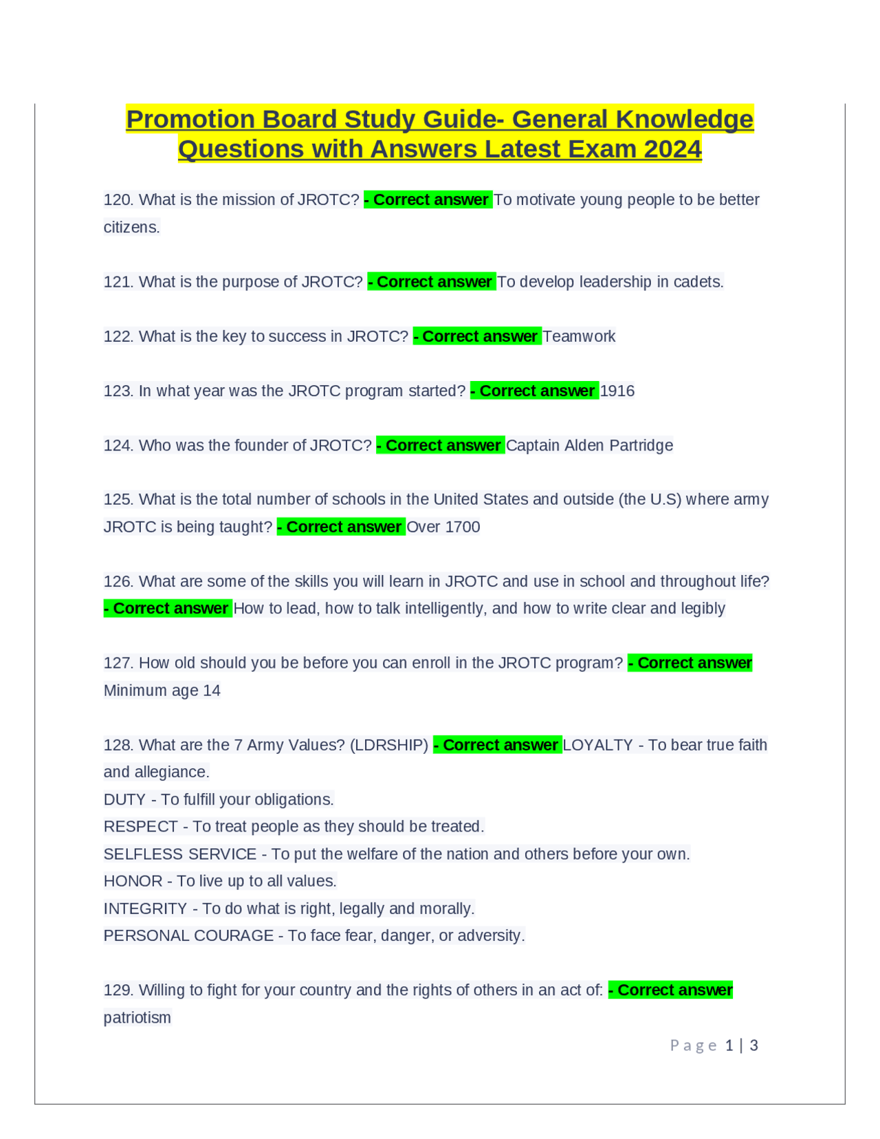 JROTC Study Guide for Promotion Board Exam 2024 | Exams Humanities ...
