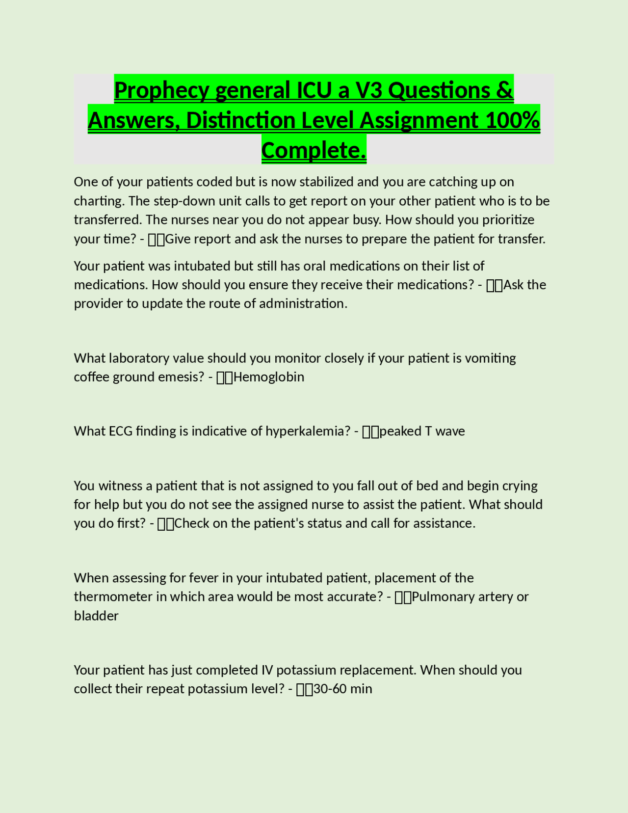 ICU Prophecy Questions & Answers: Distinction Level Assignment | Exams ...