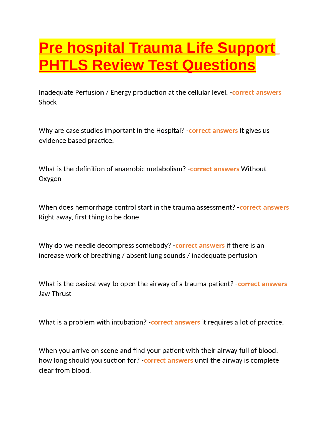 Pre-Hospital Trauma Life Support Review Test Questions and Answers ...