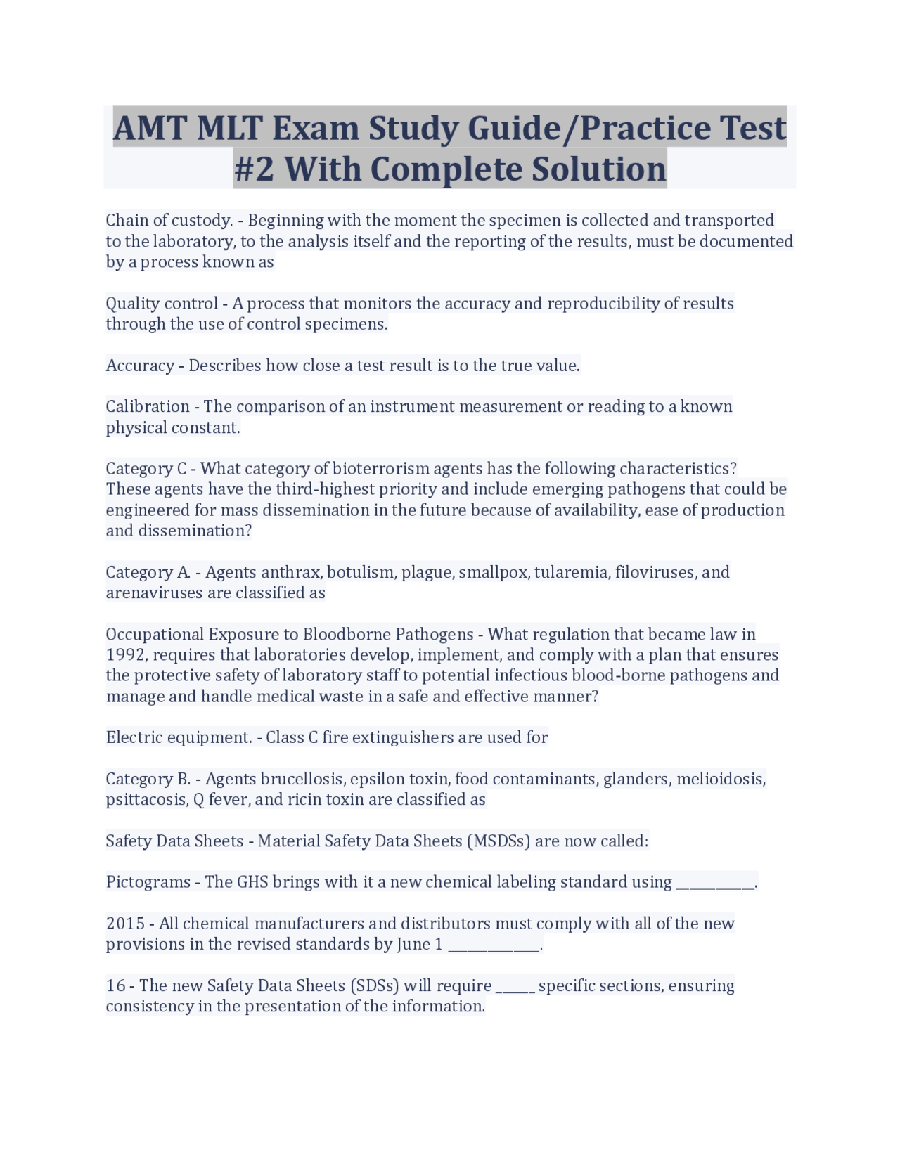 AMT MLT Exam Study Guide/Practice Test #2 With Complete Solution ...