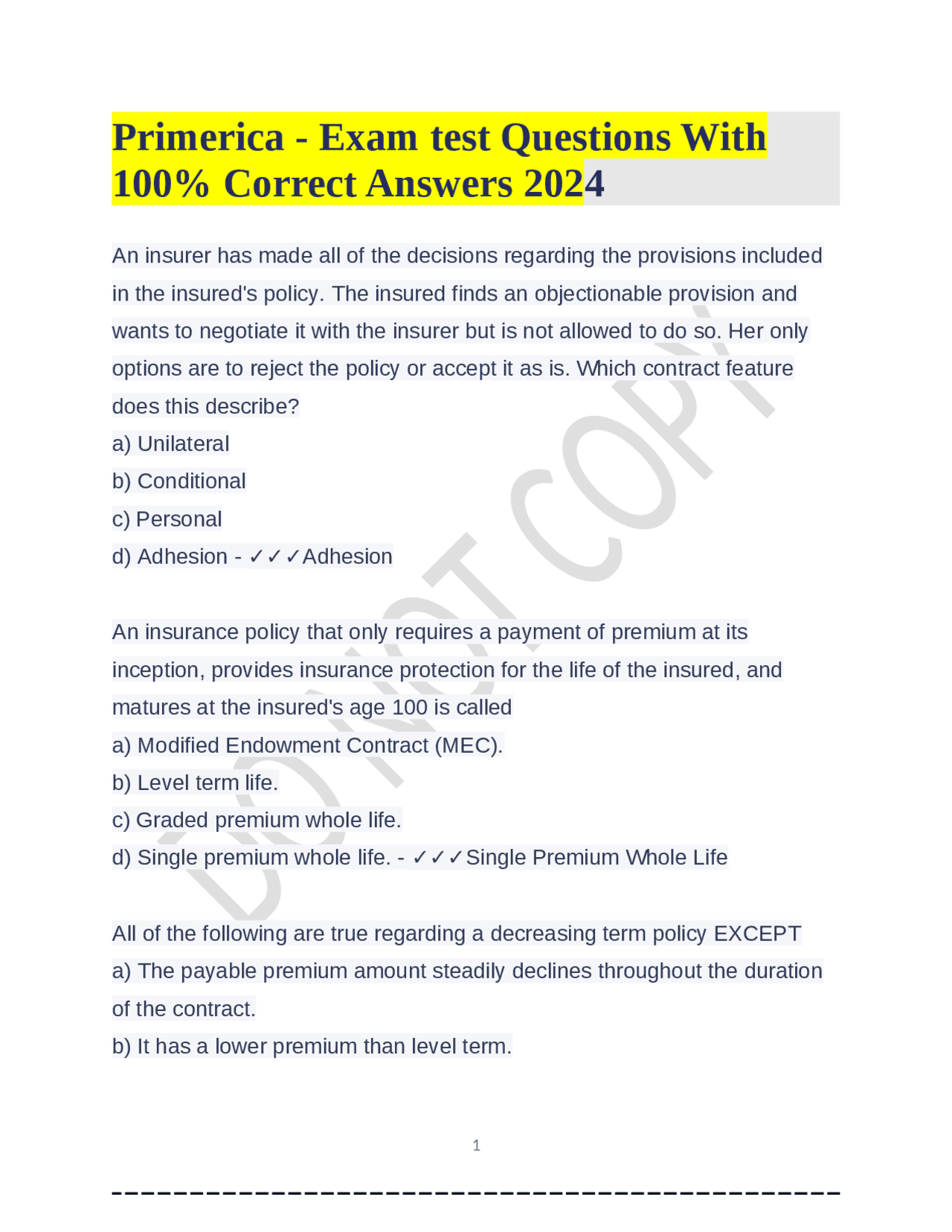 Primerica - Exam test Questions With 100% Correct Answers 2024 | Exams ...