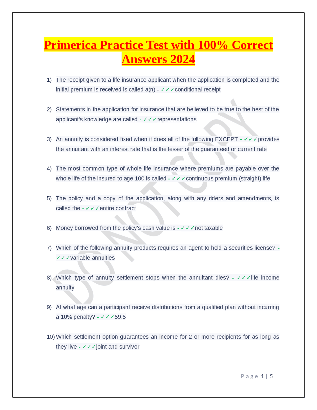 Primerica Practice Test with 100% Correct Answers 2024 | Exams Finance ...