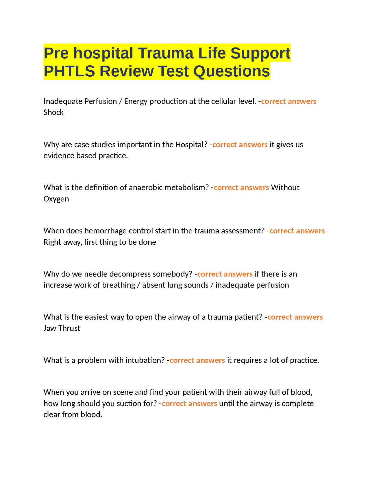Pre-Hospital Trauma Life Support Review Test Questions and Answers ...