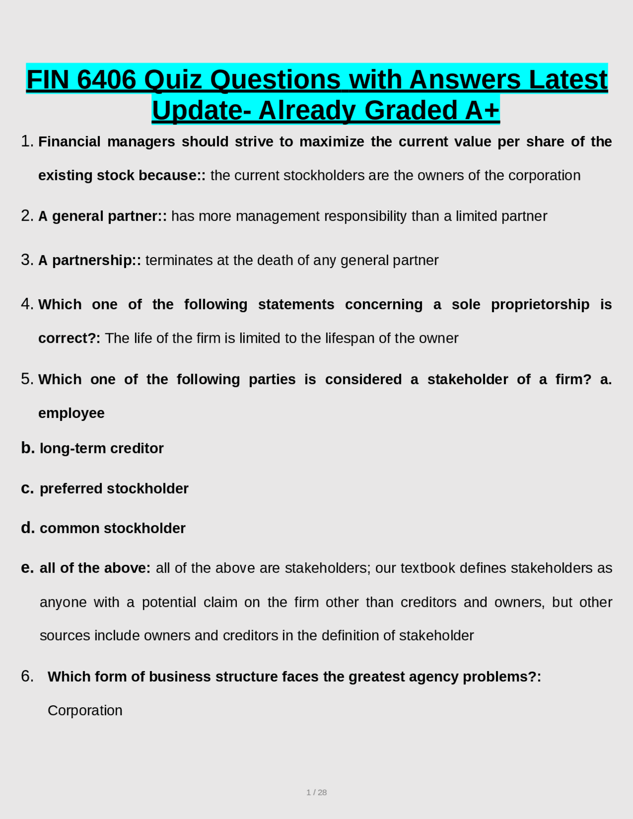 FIN 6406 Quiz Questions with Answers Latest Update- Already Graded A+ ...