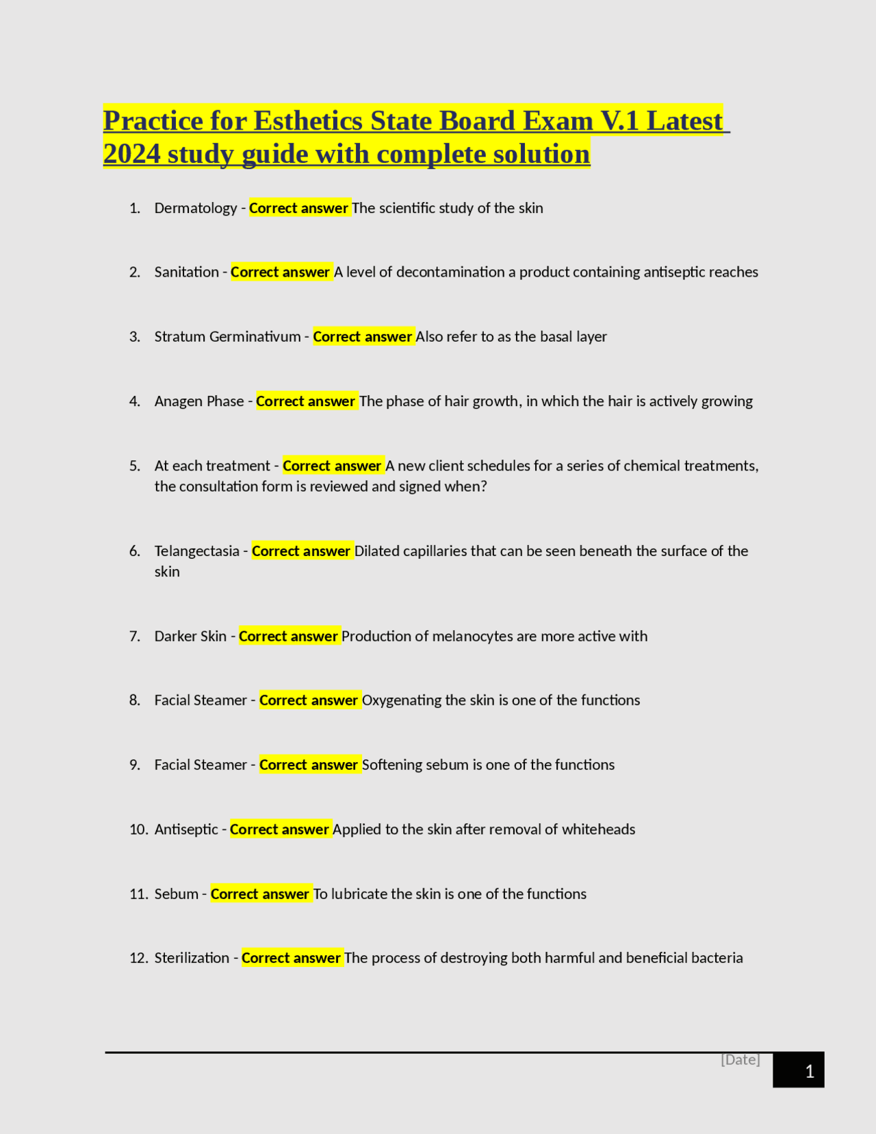 Practice for Esthetics State Board Exam V.1 Latest 2024 study guide ...