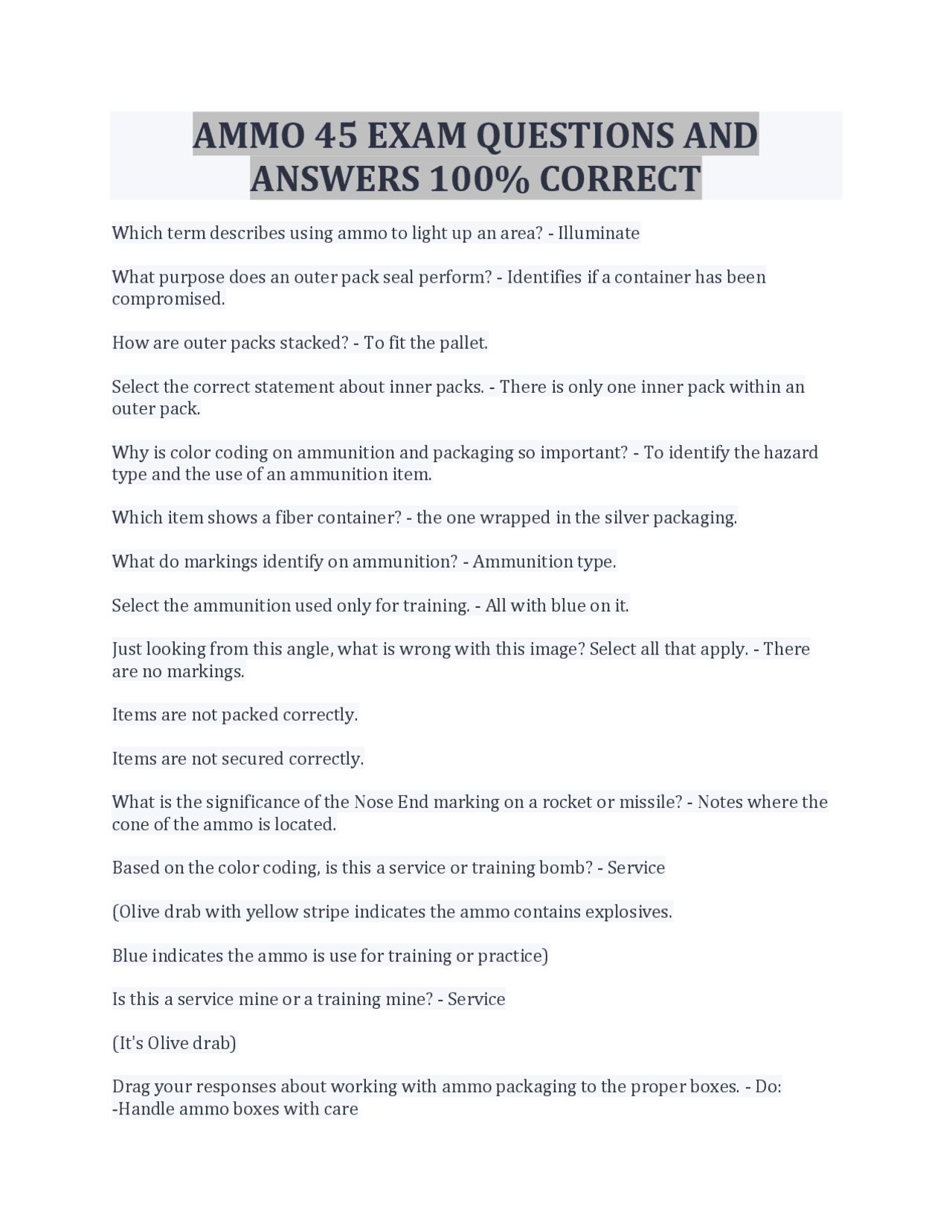 AMMO 45 EXAM QUESTIONS AND ANSWERS 100% CORRECT | Exams Advanced Education | Docsity