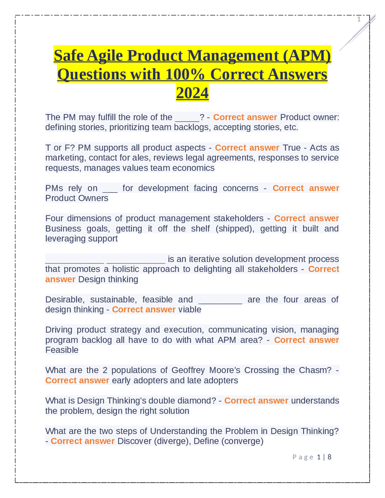 Safe Agile Product Management Apm Questions With 100 Correct Answers 2024 Exams Business