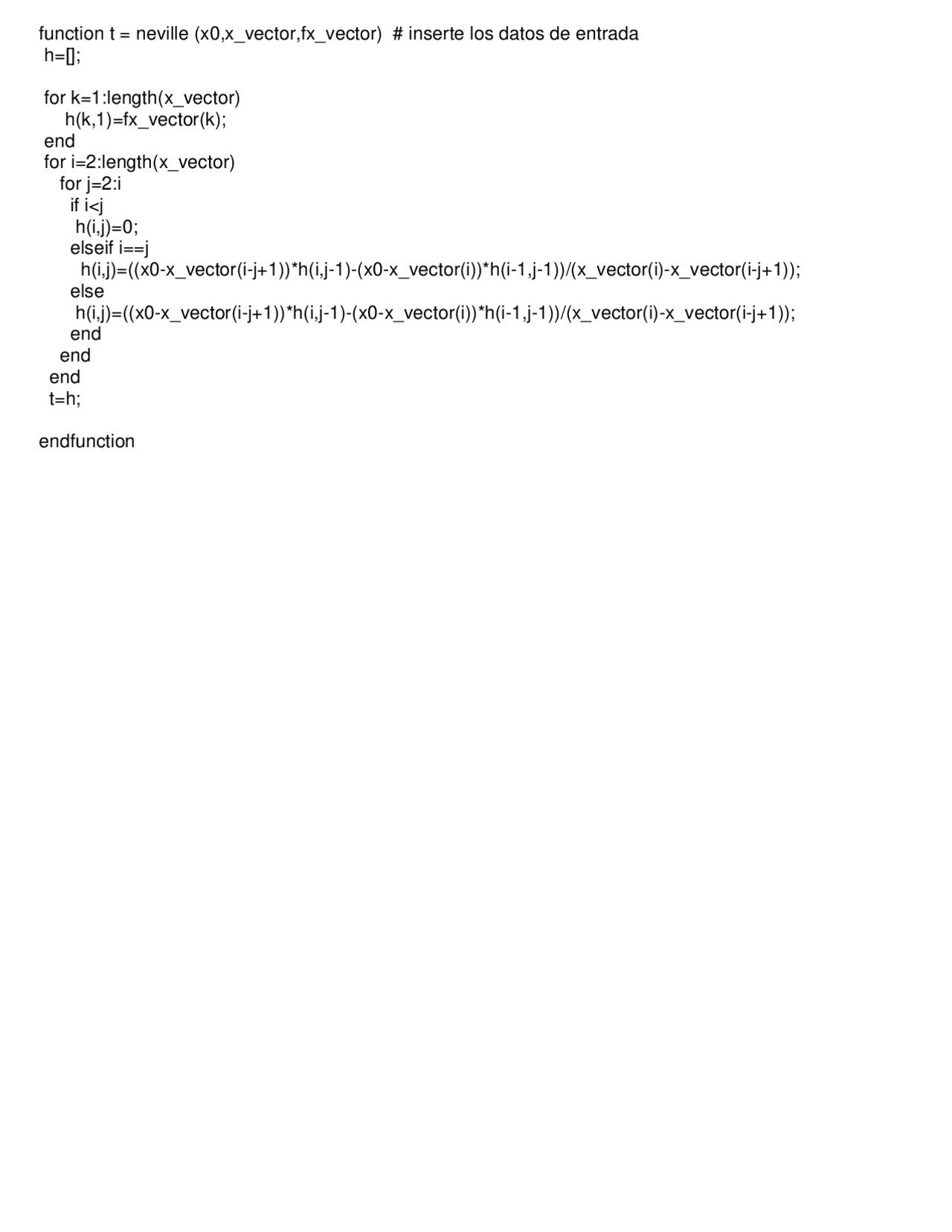 metodo de neville usando octave | Ejercicios de Métodos Numéricos | Docsity