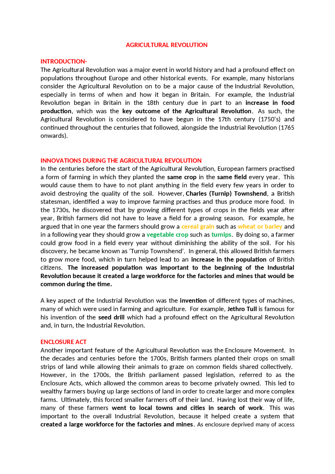 Agricultural revolution analysis | Study notes History | Docsity