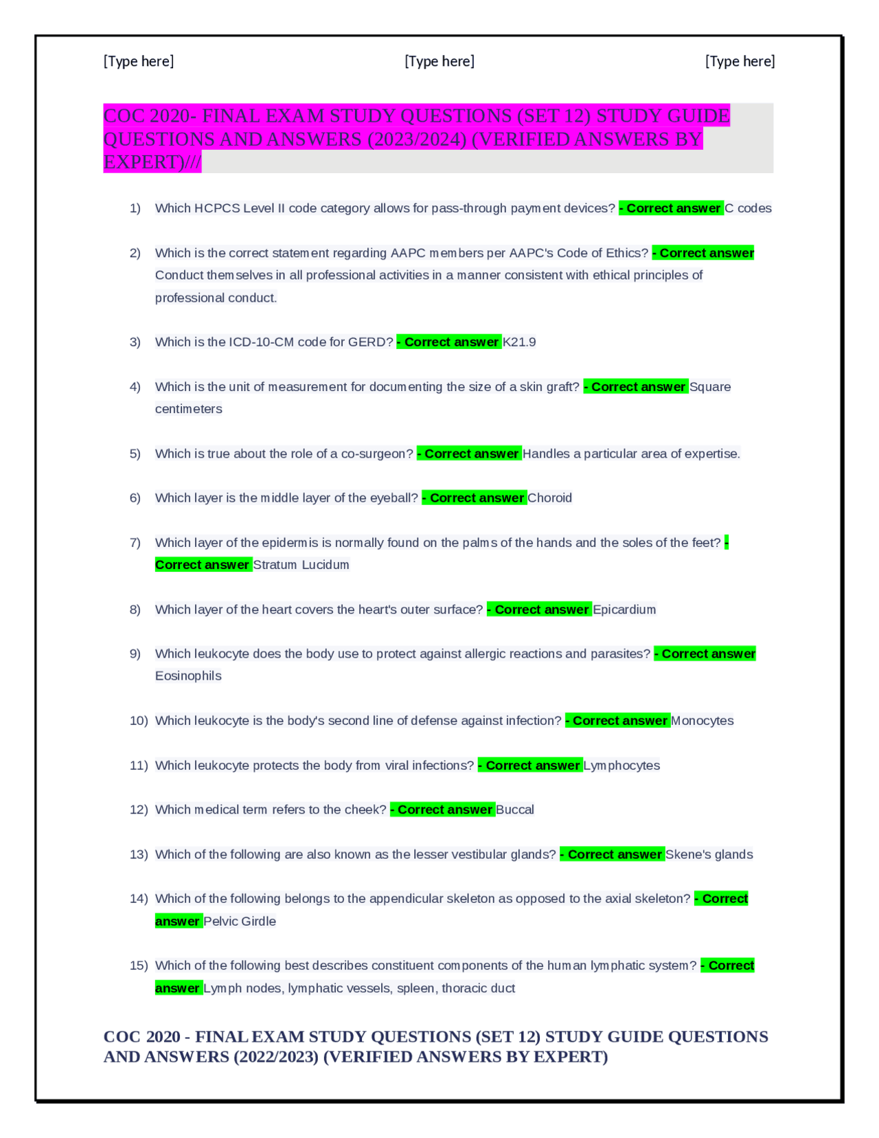 COC 2020 Final Exam Study Questions (Set 12) for Healthcare ...