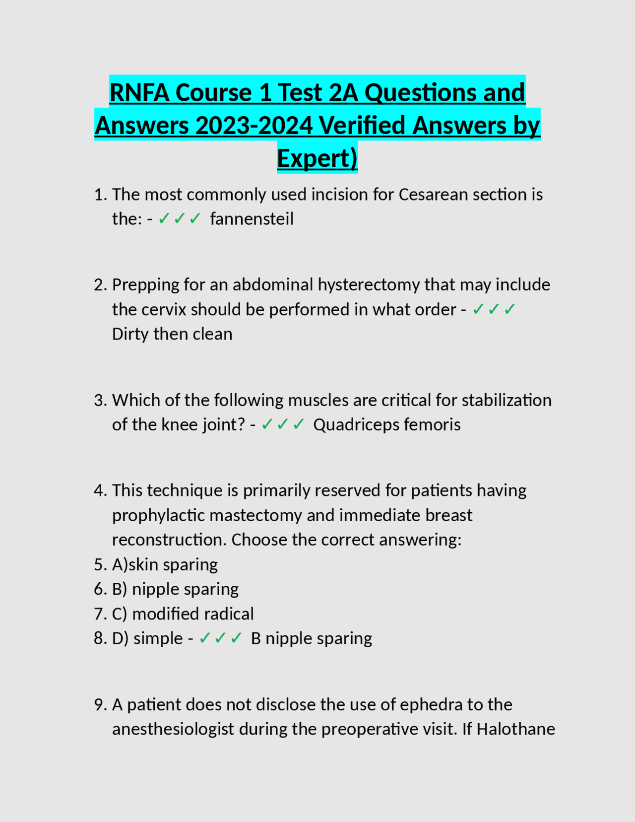 RNFA Course 1 Test 2A Questions and Answers for Surgical Procedures ...