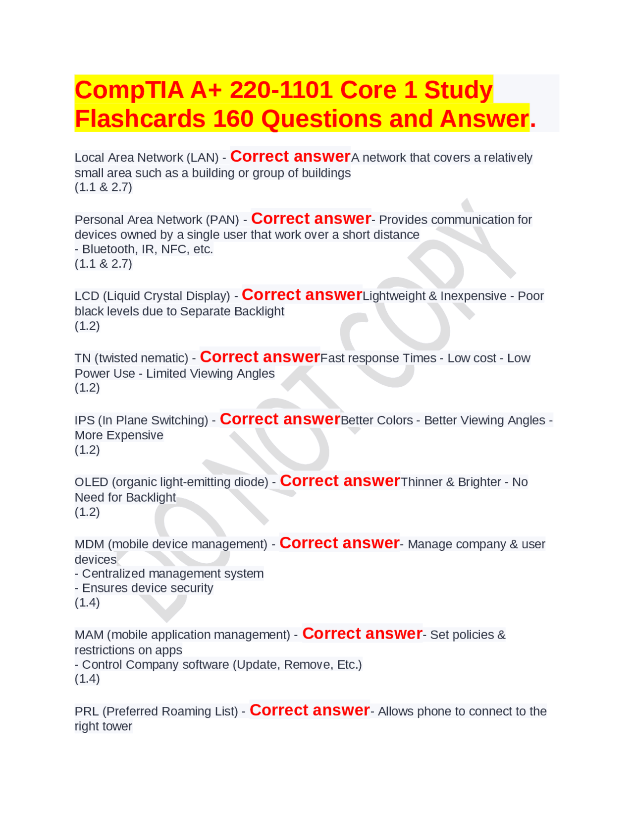 CompTIA A+ 220-1101 Core 1 Study Flashcards 160 Questions and Answer ...