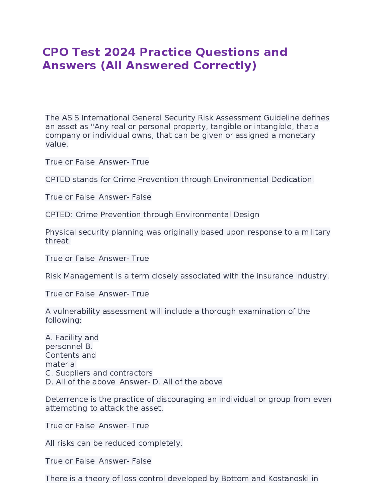 CPO Test 2024 Practice Questions and Answers (All Answered Correctly ...