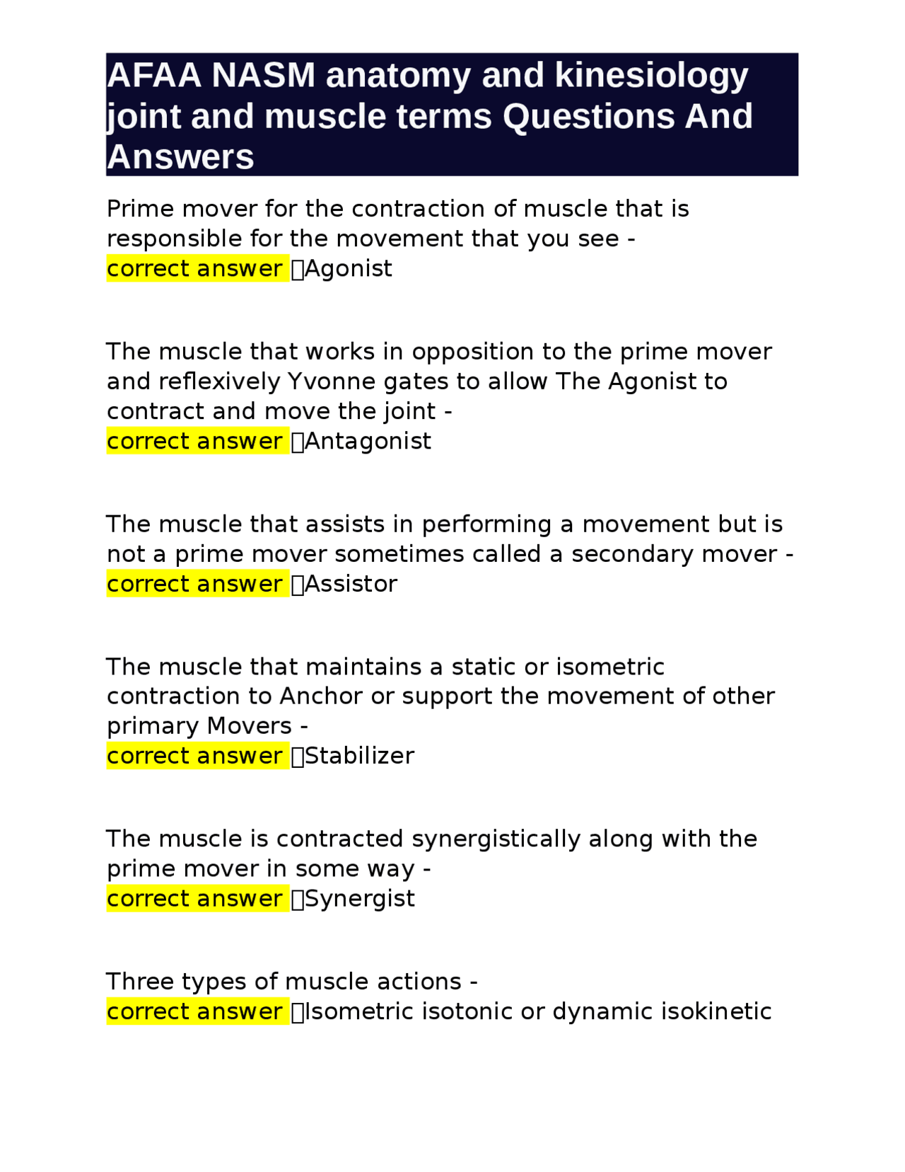 AFAA NASM anatomy and kinesiology joint and muscle terms Questions And ...