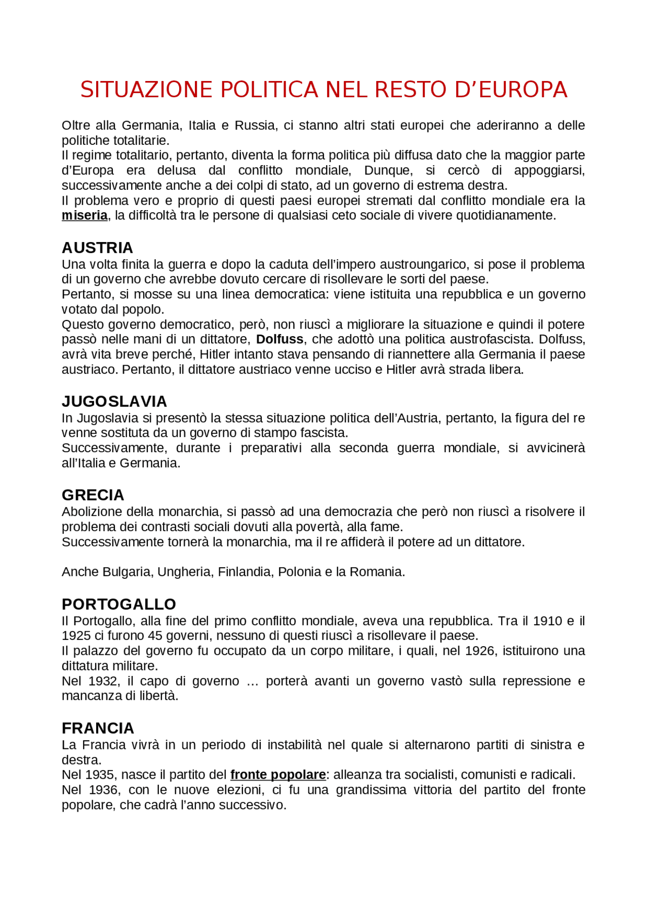 SITUAZIONE POLITICA IN EUROPA NEL PRIMO DOPOGUERRA | Appunti di Storia | Docsity