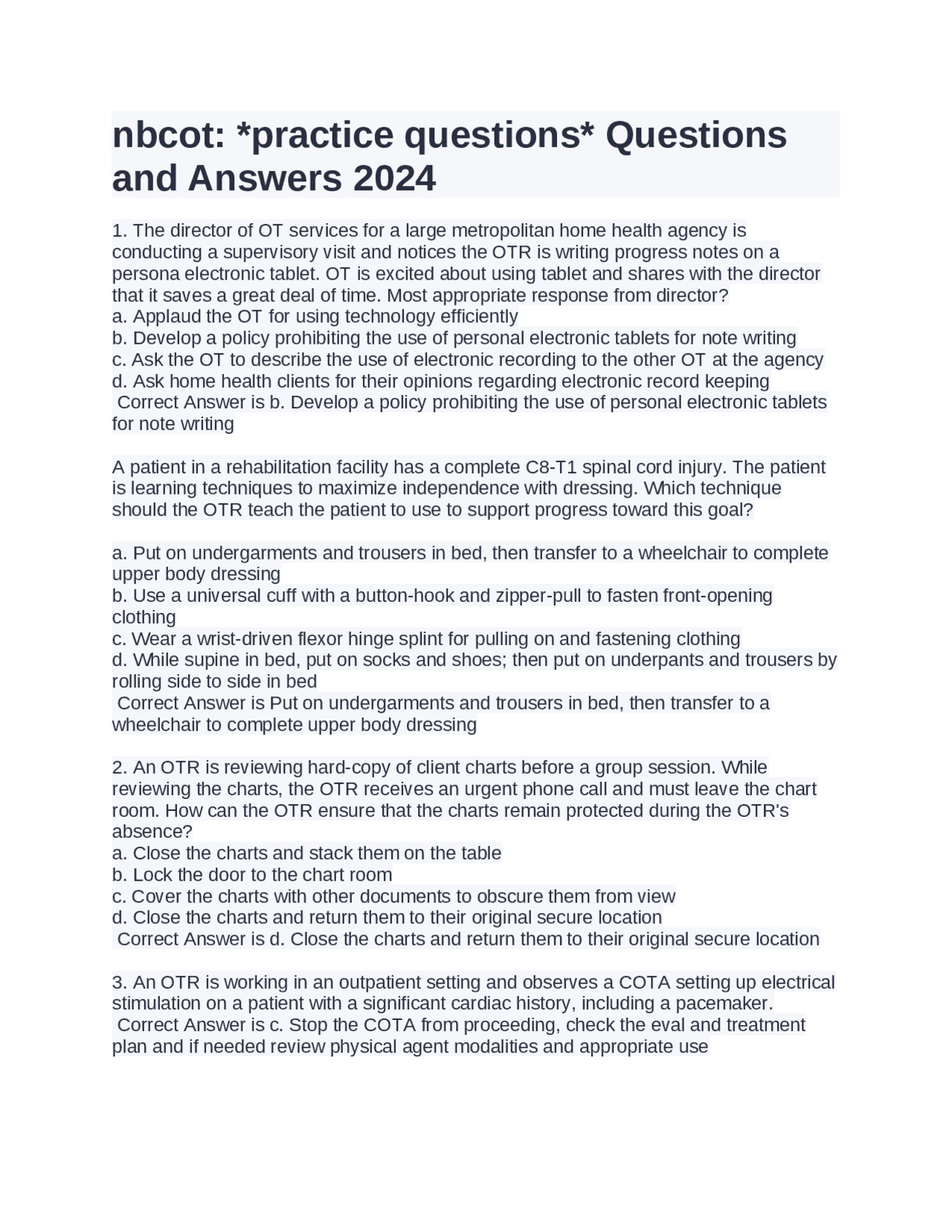 NBCOT Exam Questions and Answers 2024 | Exams Nursing | Docsity