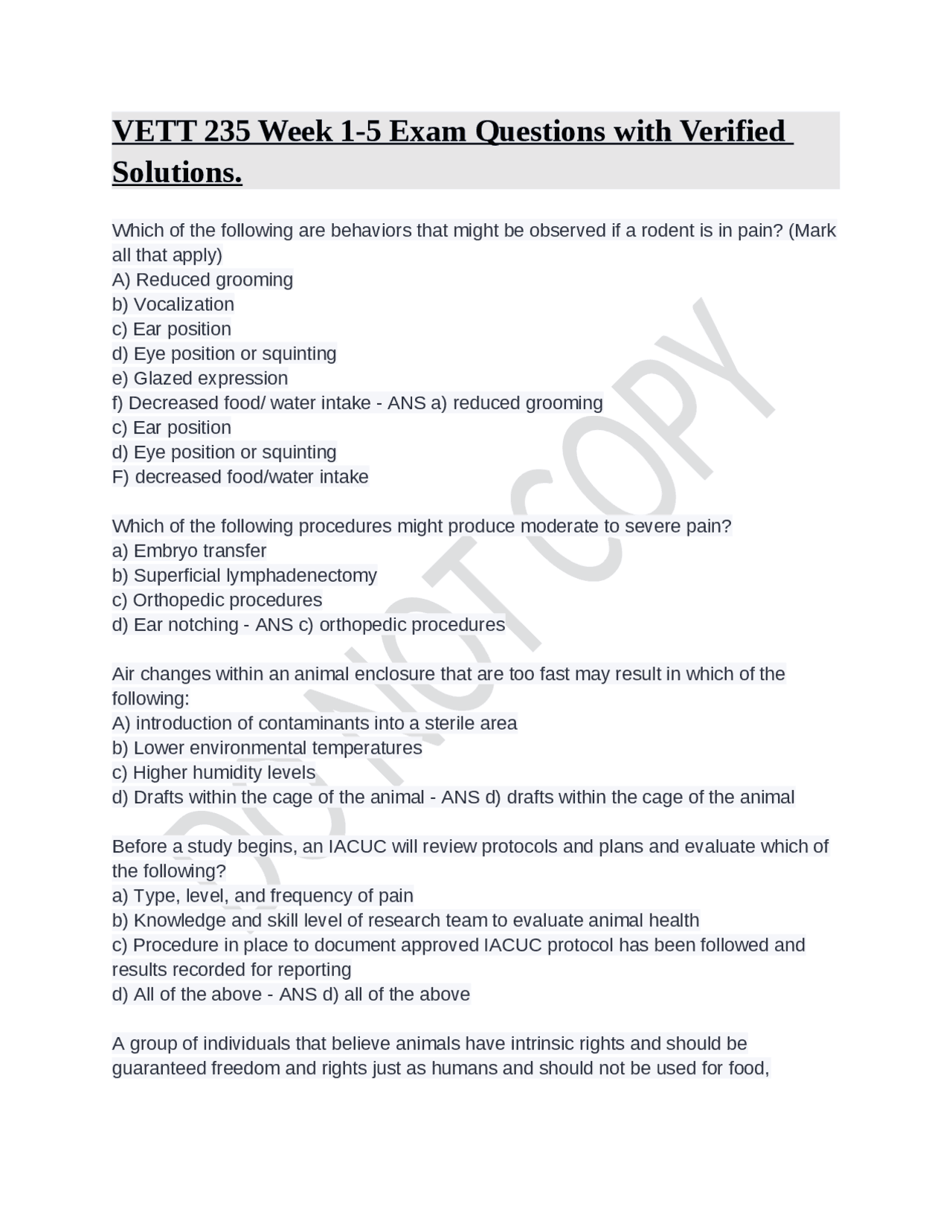 VETT 235 Week 1-5 Exam Questions with Verified Solutions. | Exams Veterinary | Docsity