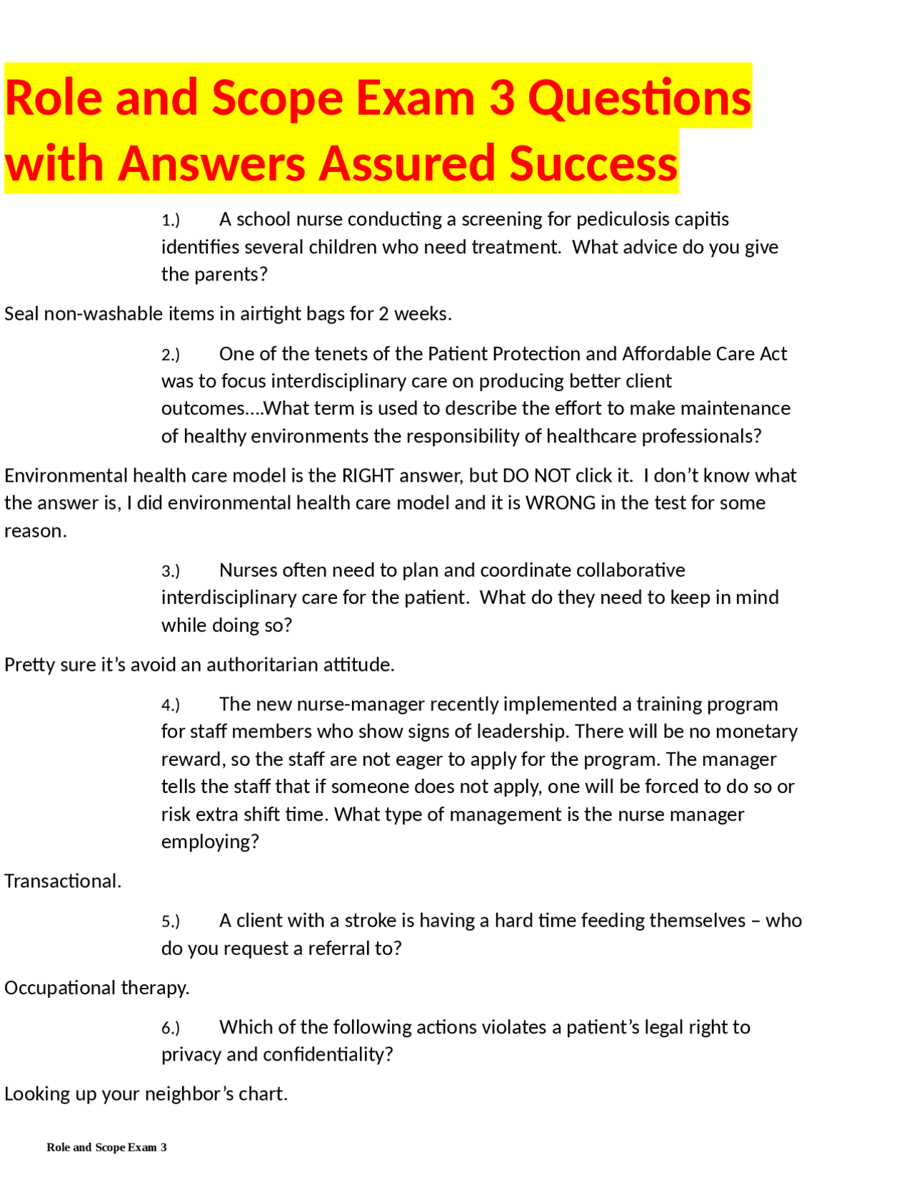 Role and Scope Exam 3 Questions with Answers Assured Success | Exams ...