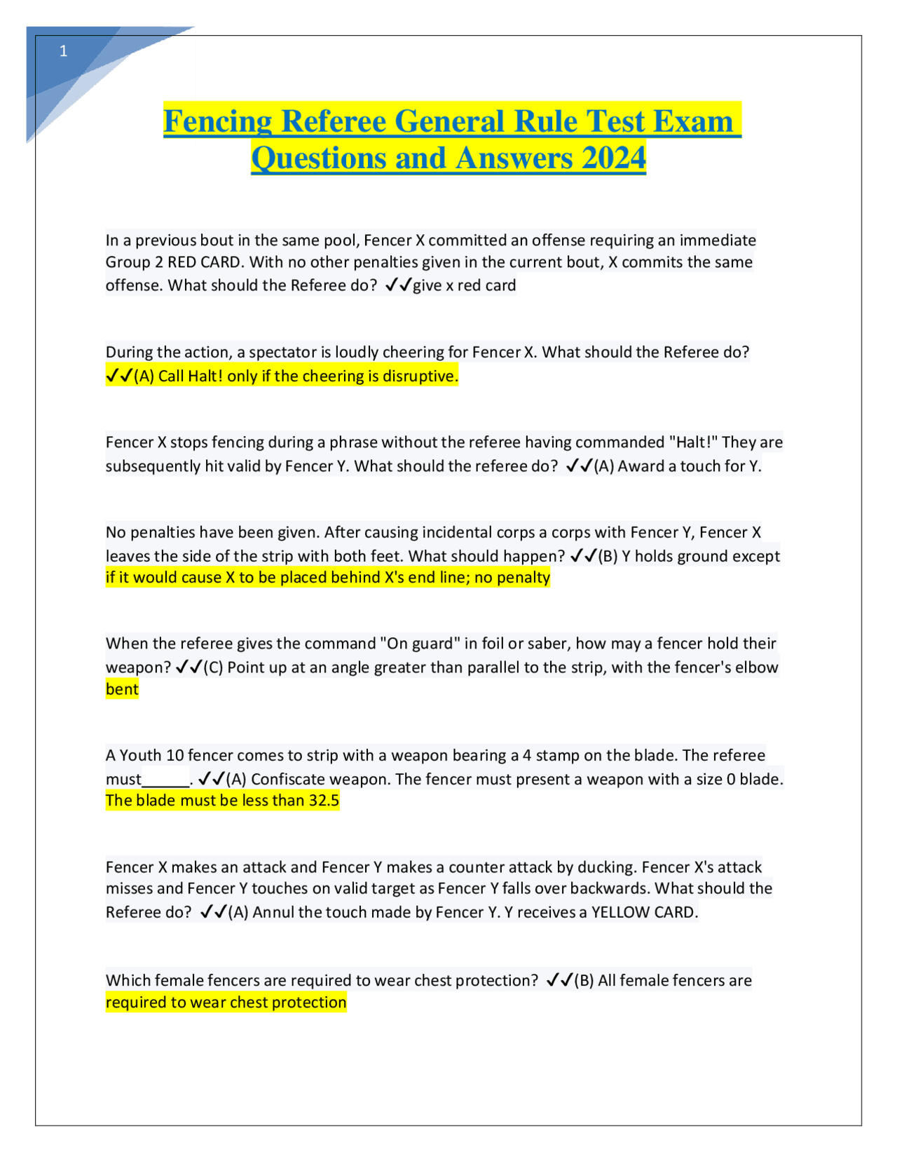 Fencing Referee General Rule Test Exam Questions and Answers 2024 ...