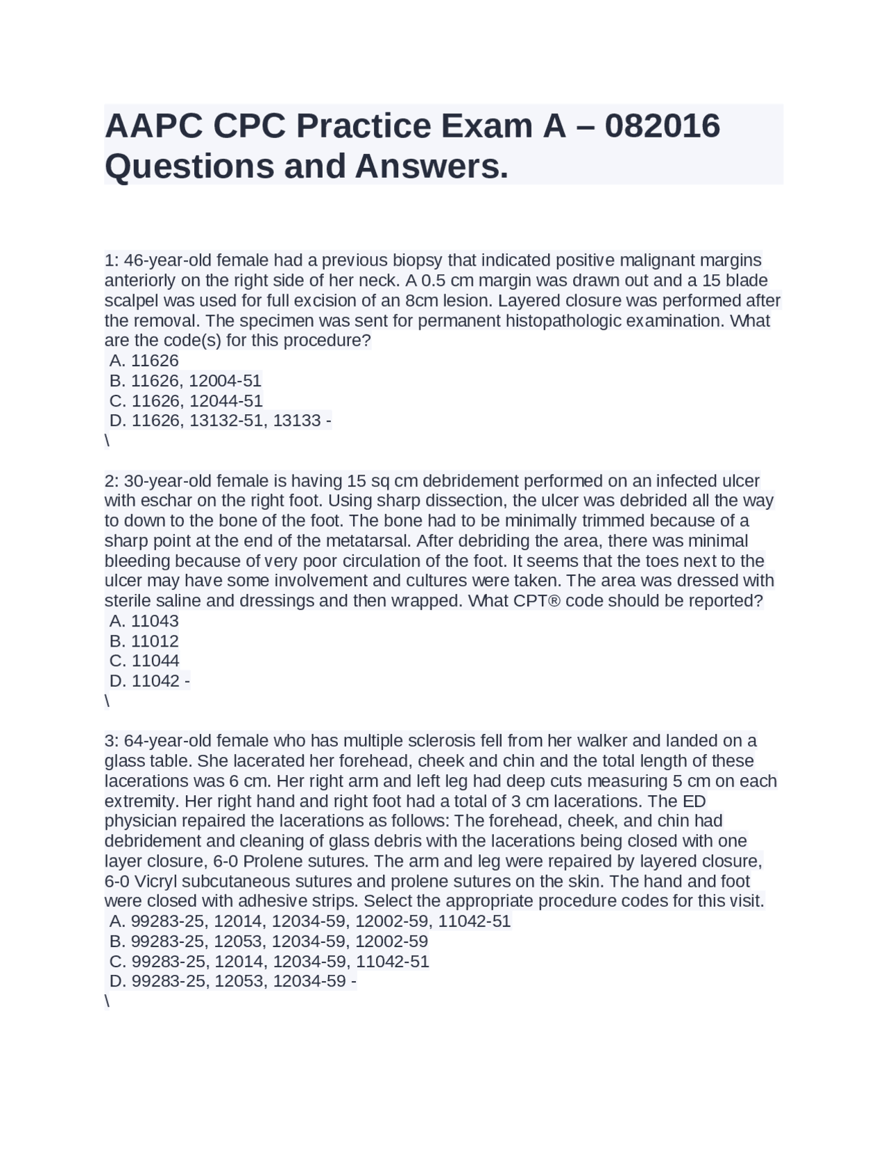 AAPC CPC Practice Exam A – 082016 Questions and Answers. | Exams ...