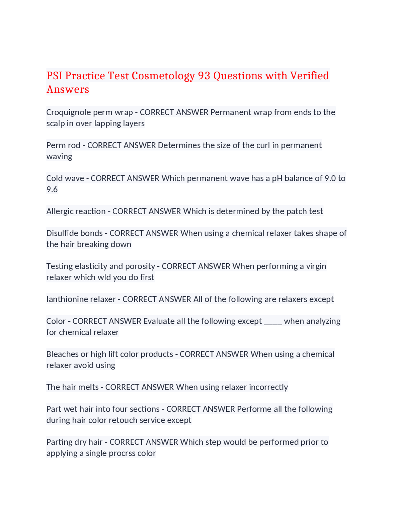 PSI Practice Test: Cosmetology - 93 Questions with Verified Answers ...