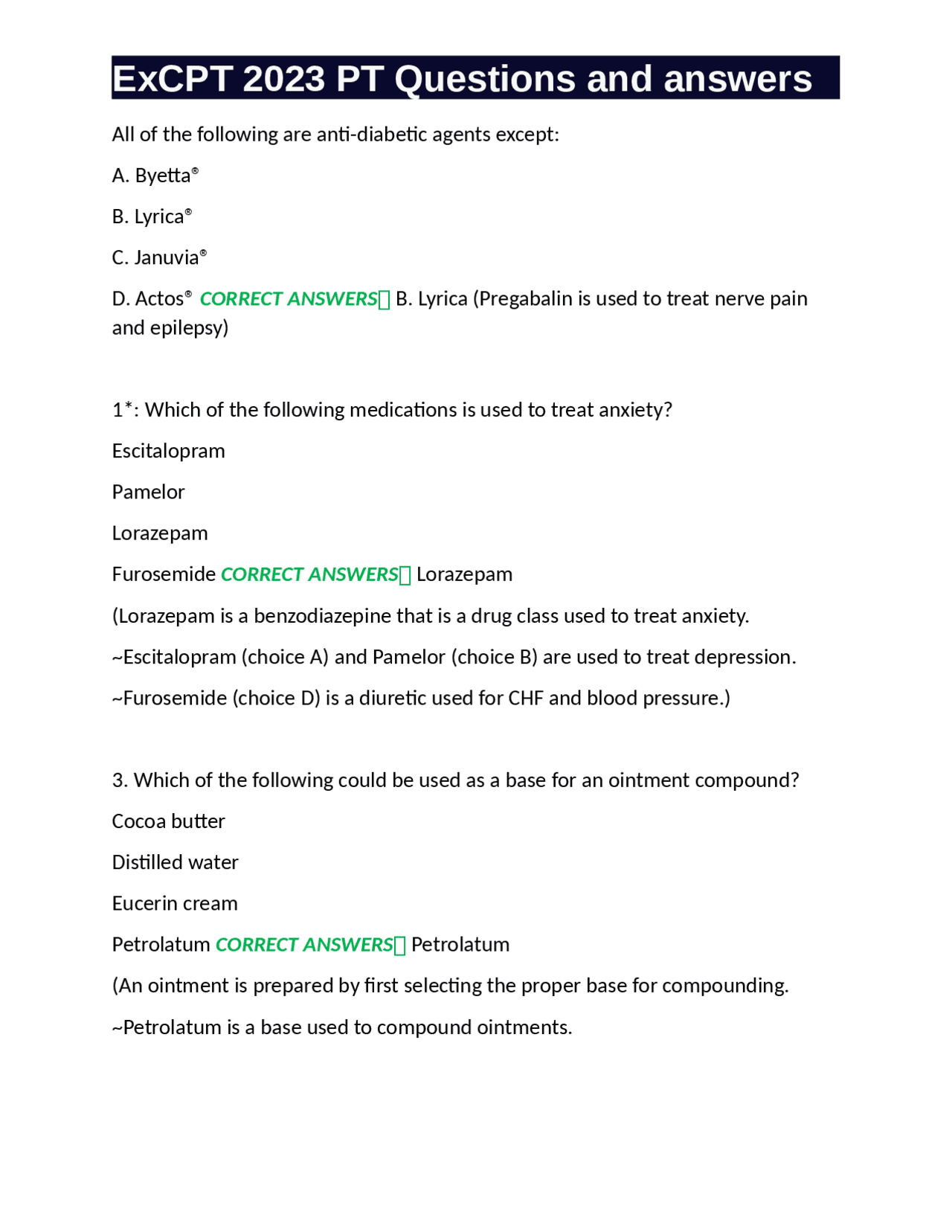 ExCPT 2023 PT Questions and answers | Exams Pharmacy | Docsity