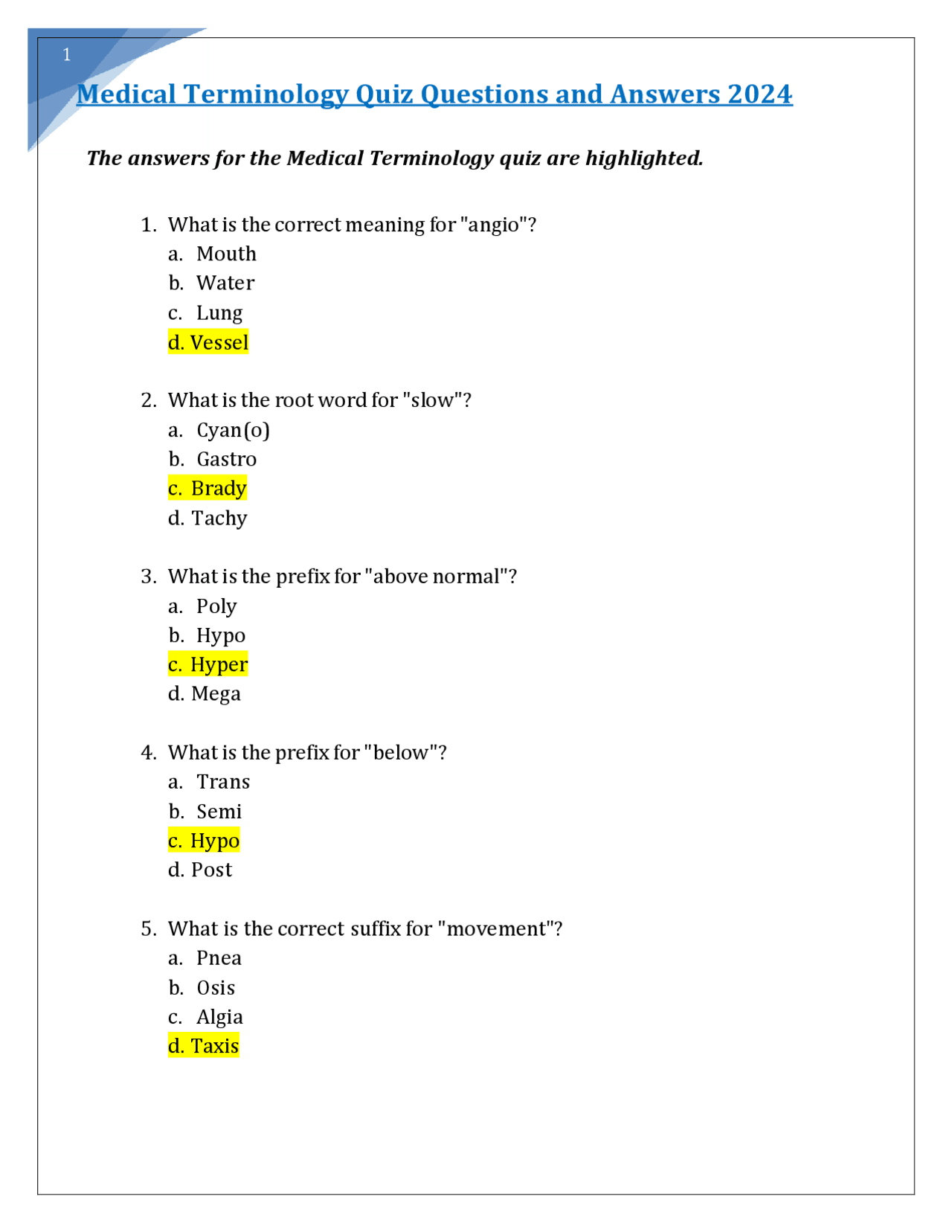 Medical Terminology Quiz Questions and Answers 2024 | Exams Nursing ...