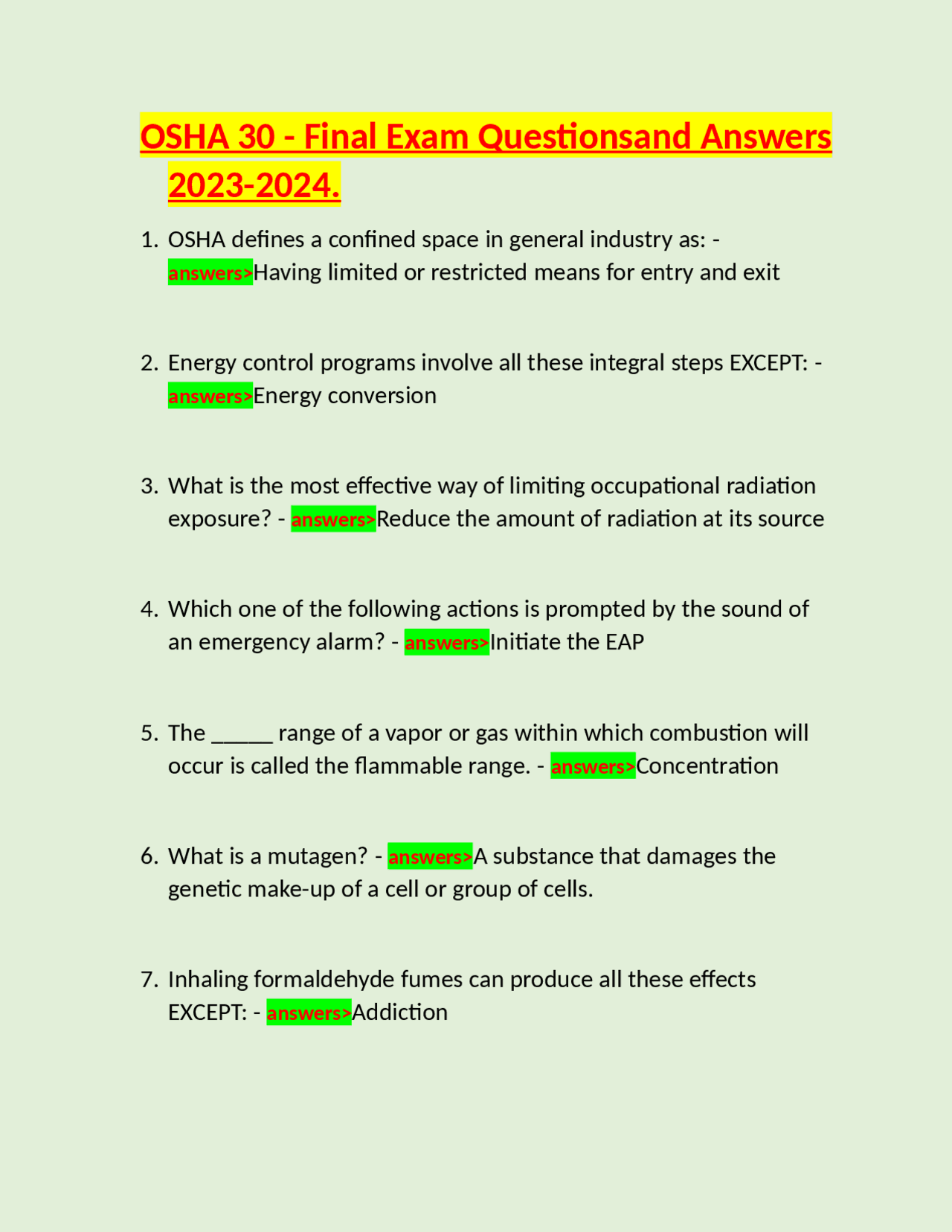 OSHA 30 - Final Exam Questionsand Answers 2023-2024. | Exams Economics ...