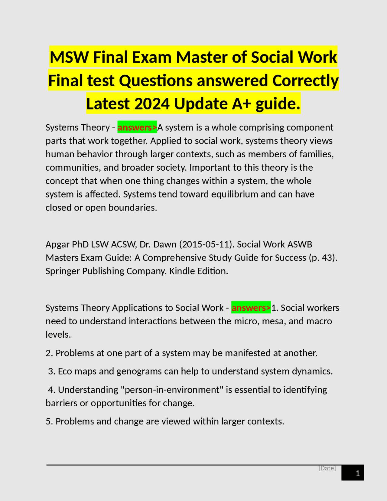 MSW Final Exam Master of Social Work Final test Questions answered ...