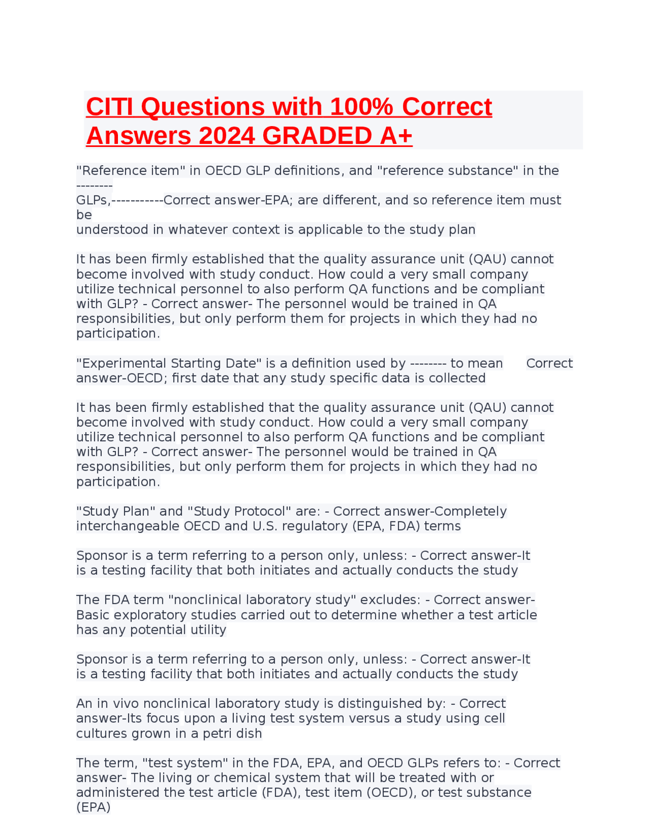 CITI Questions with 100% Correct Answers 2024 GRADED A+ | Exams Ethics ...