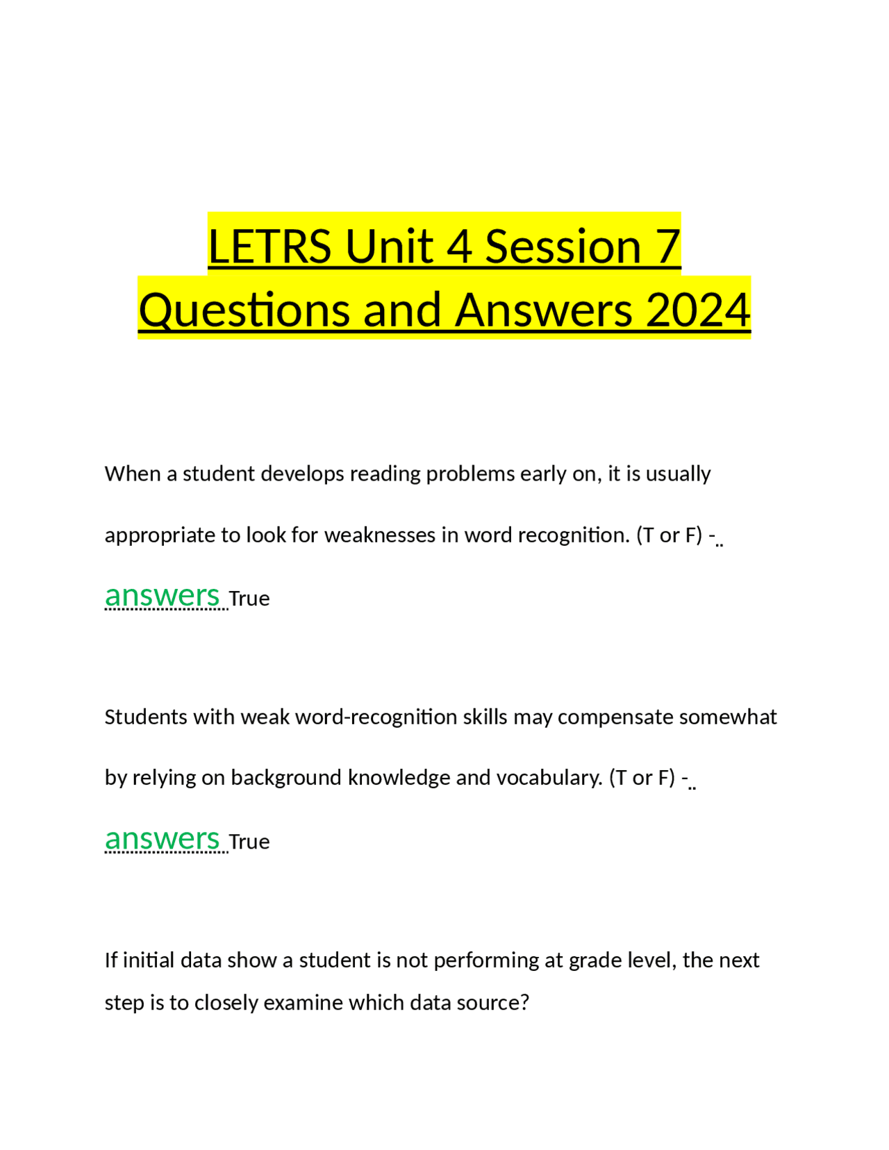LETRS Unit 4 Session 7 Questions and Answers 2024 | Exams Health ...