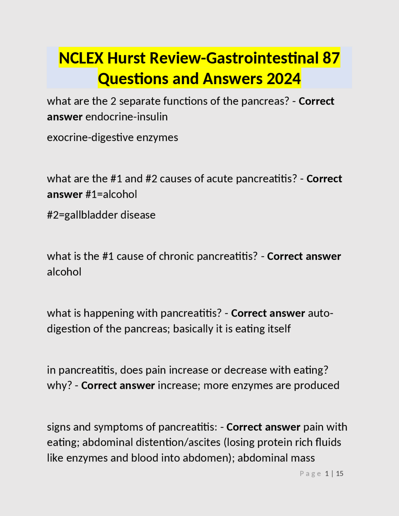 NCLEX Hurst Review-Gastrointestinal 87 Questions and Answers 2024 ...