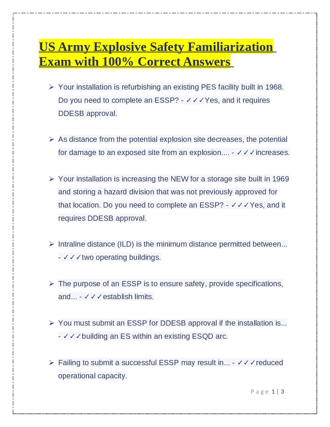 US Army Explosive Safety Familiarization Exam with 100% Correct Answers ...