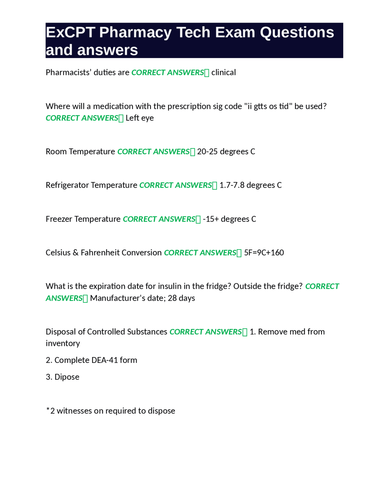 ExCPT Pharmacy Tech Exam Questions and answers | Exams Pharmacy | Docsity