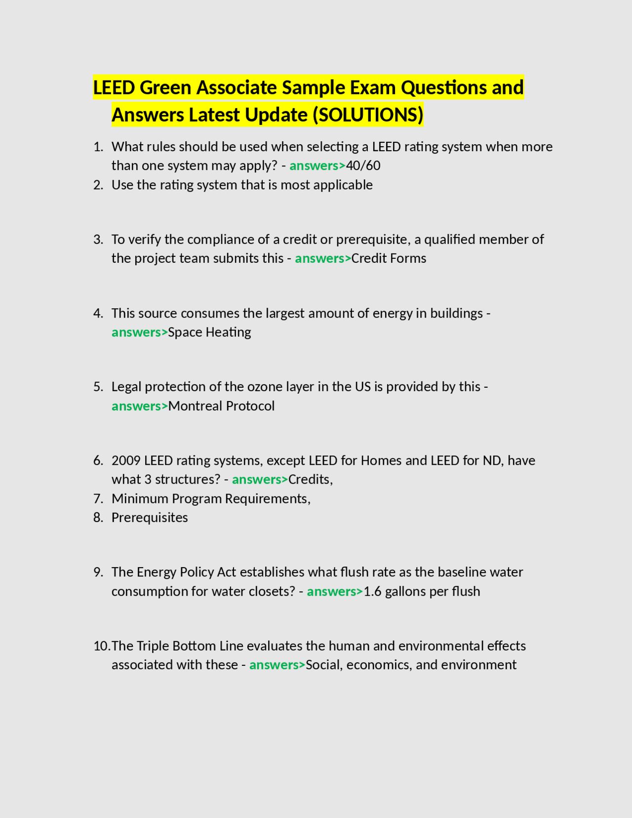 LEED Green Associate Sample Exam Questions and Answers Latest Update ...