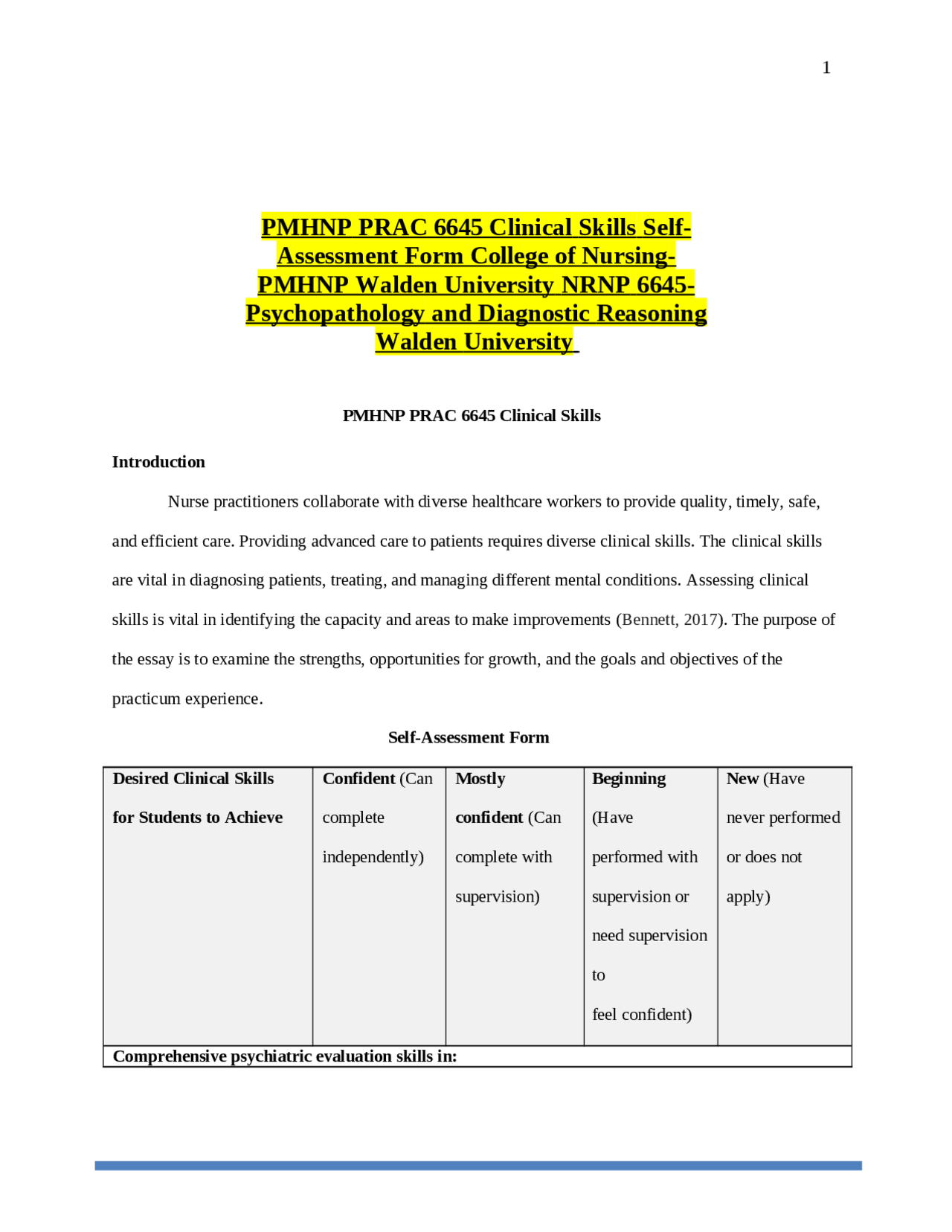 PMHNP Practicum Self-Assessment: Clinical Skills & Treatment Planning ...