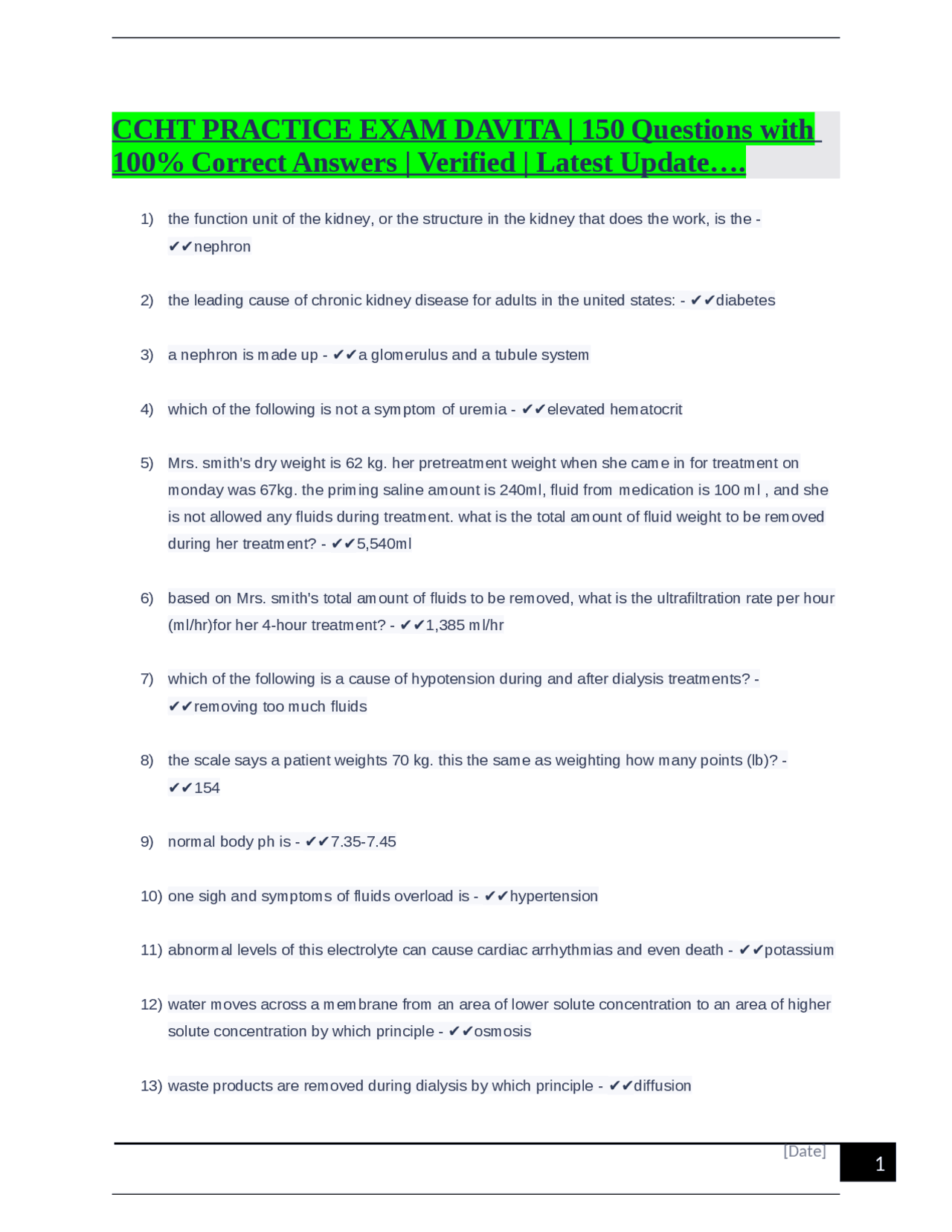 CCHT Practice Exam for Nephrology and Dialysis | Exams Nursing | Docsity