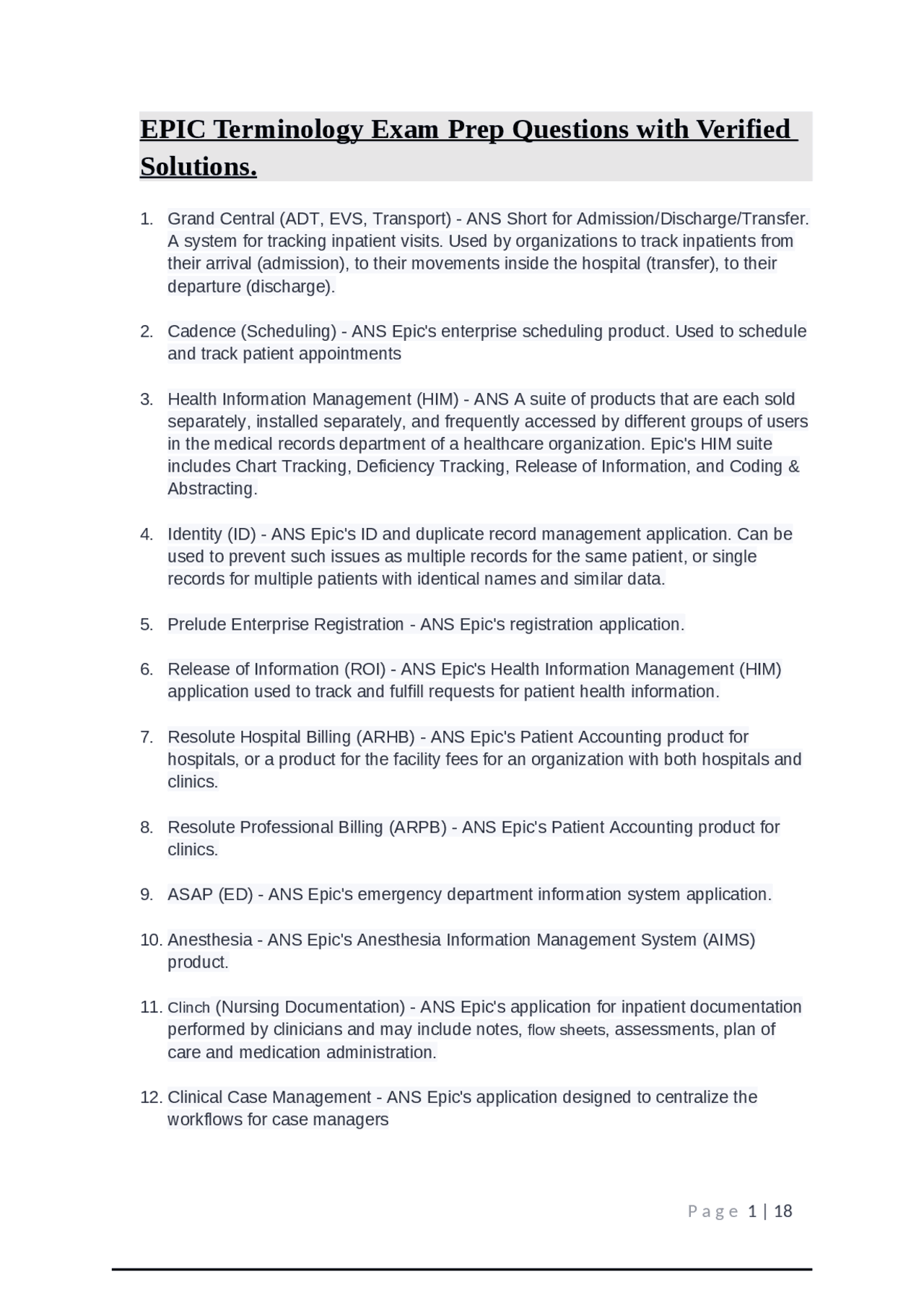 EPIC Terminology Exam Prep Questions with Verified Solutions. | Exams ...